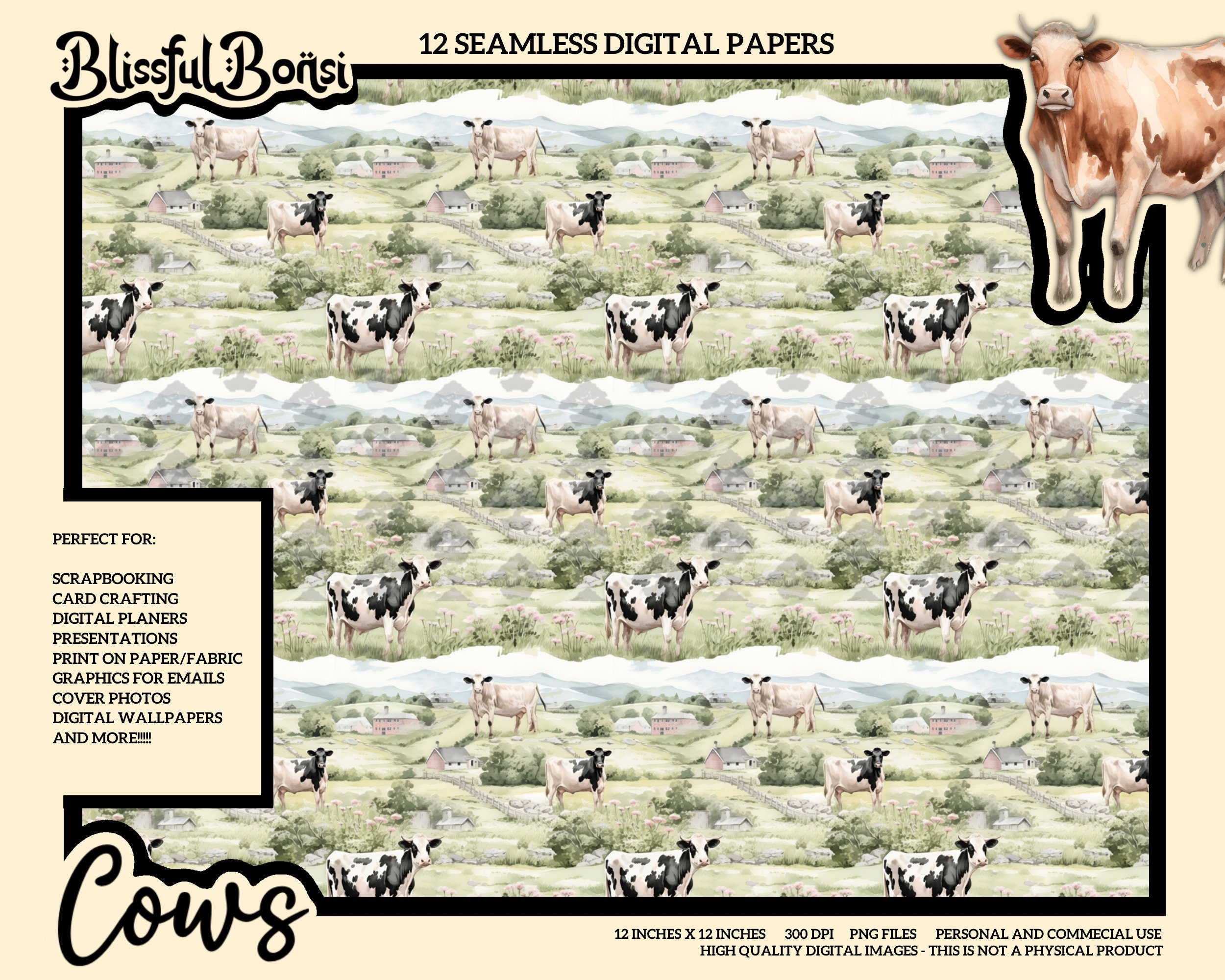 Cows Digital Paper Cow Digital Paper Cow Repeating Pattern - Etsy
