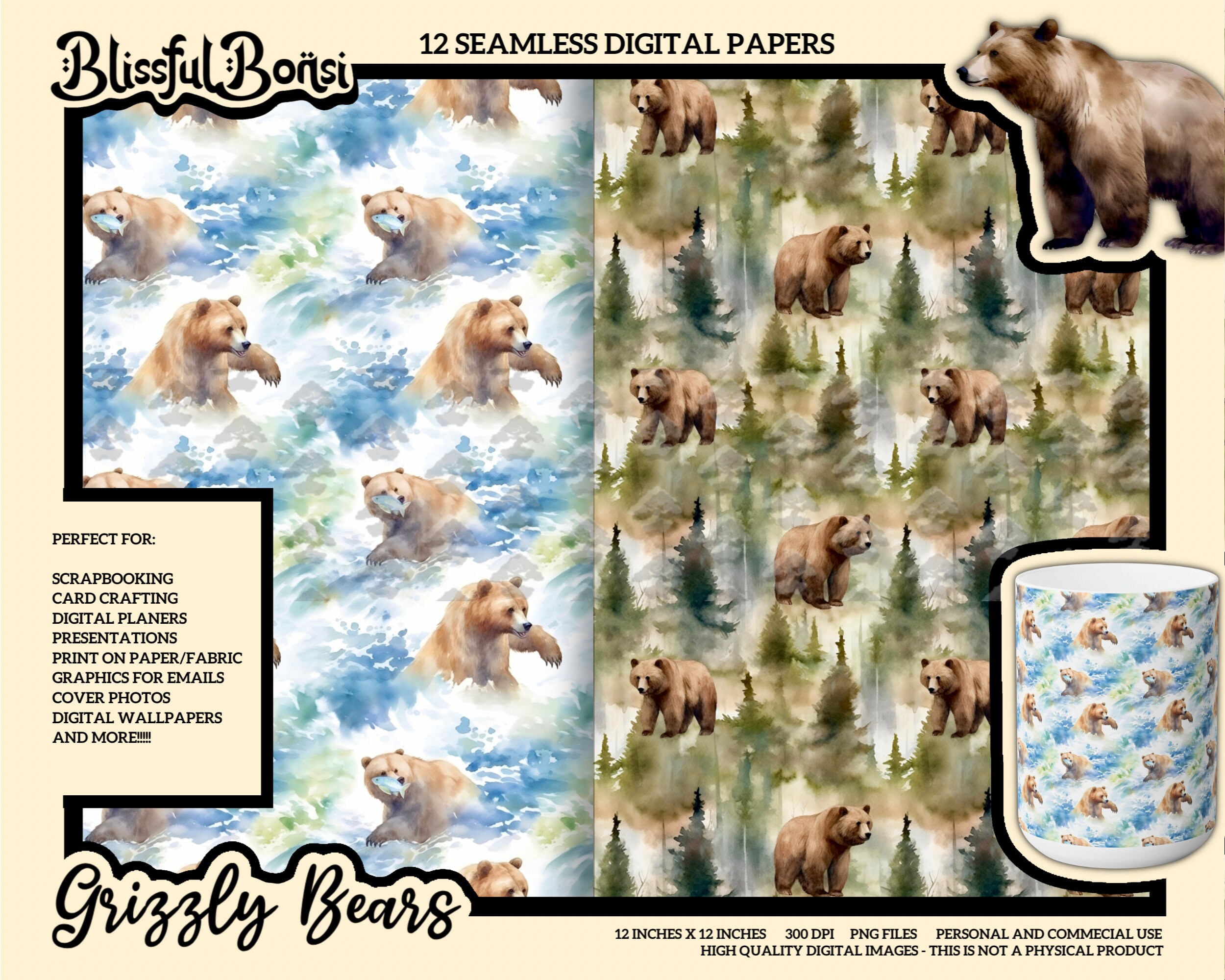Bear Digital Paper, Bears Digital Paper, Bear Repeating Pattern, Bear ...