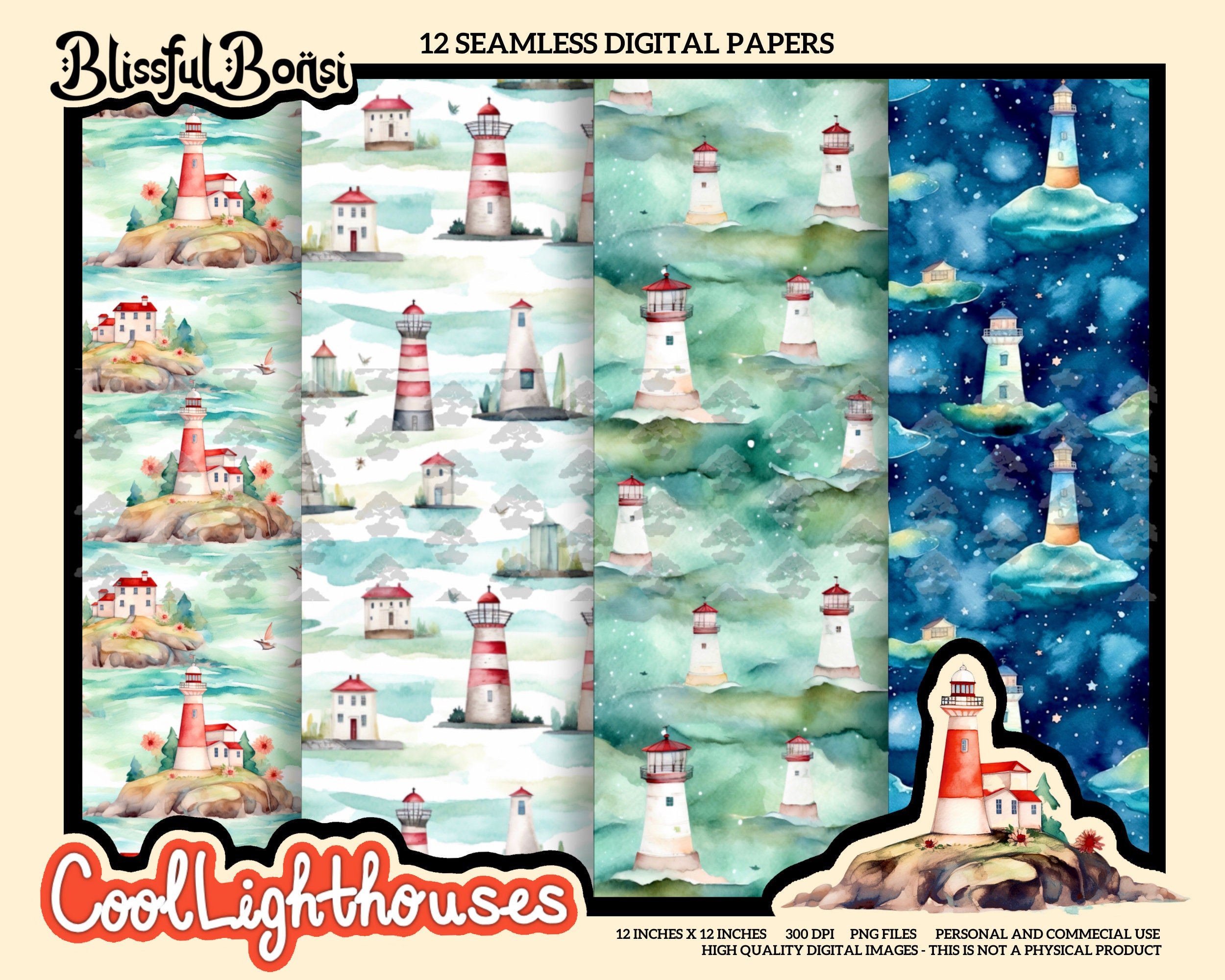 Lighthouse Digital Paper, Watercolor Digital Paper, Lighthouse ...