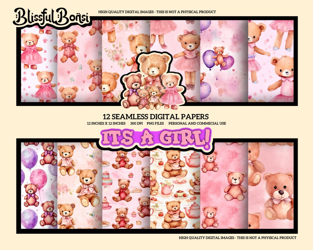 Its a Girl Digital Paper Teddy Digital Paper Teddy Bear Scrapbooking ...