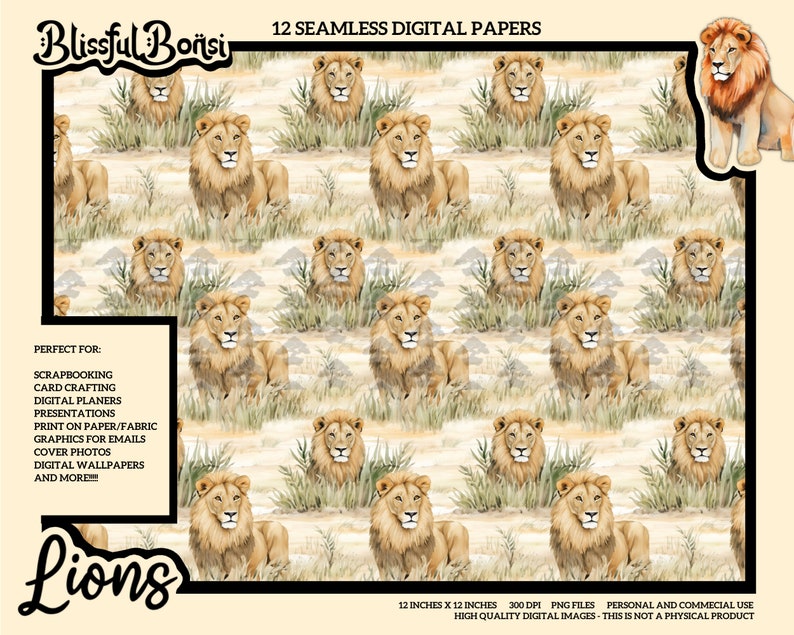 Lion Digital Paper, Lions Digital Paper, Lion Repeating Pattern, Lion ...