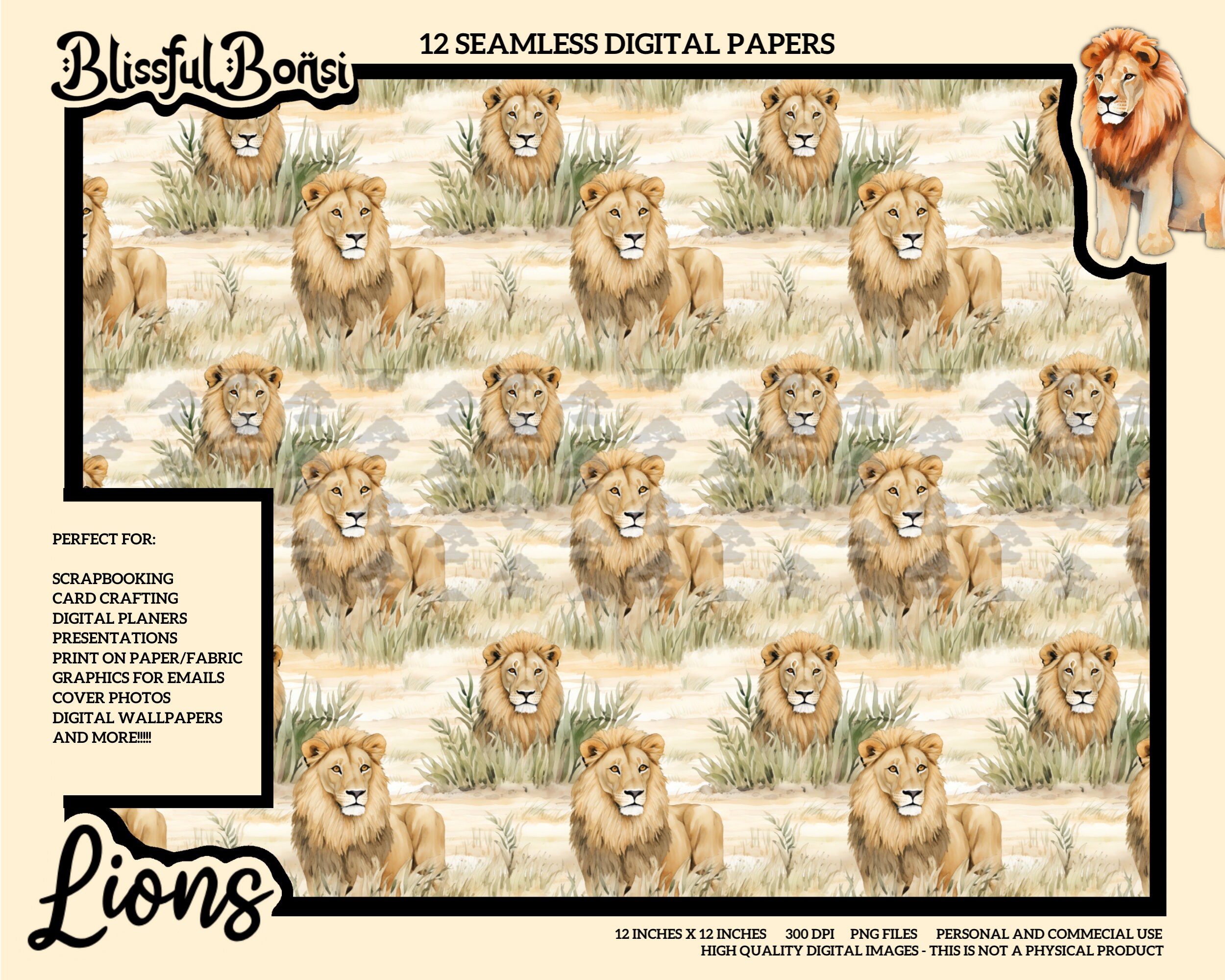 Lion Digital Paper, Lions Digital Paper, Lion Repeating Pattern, Lion ...