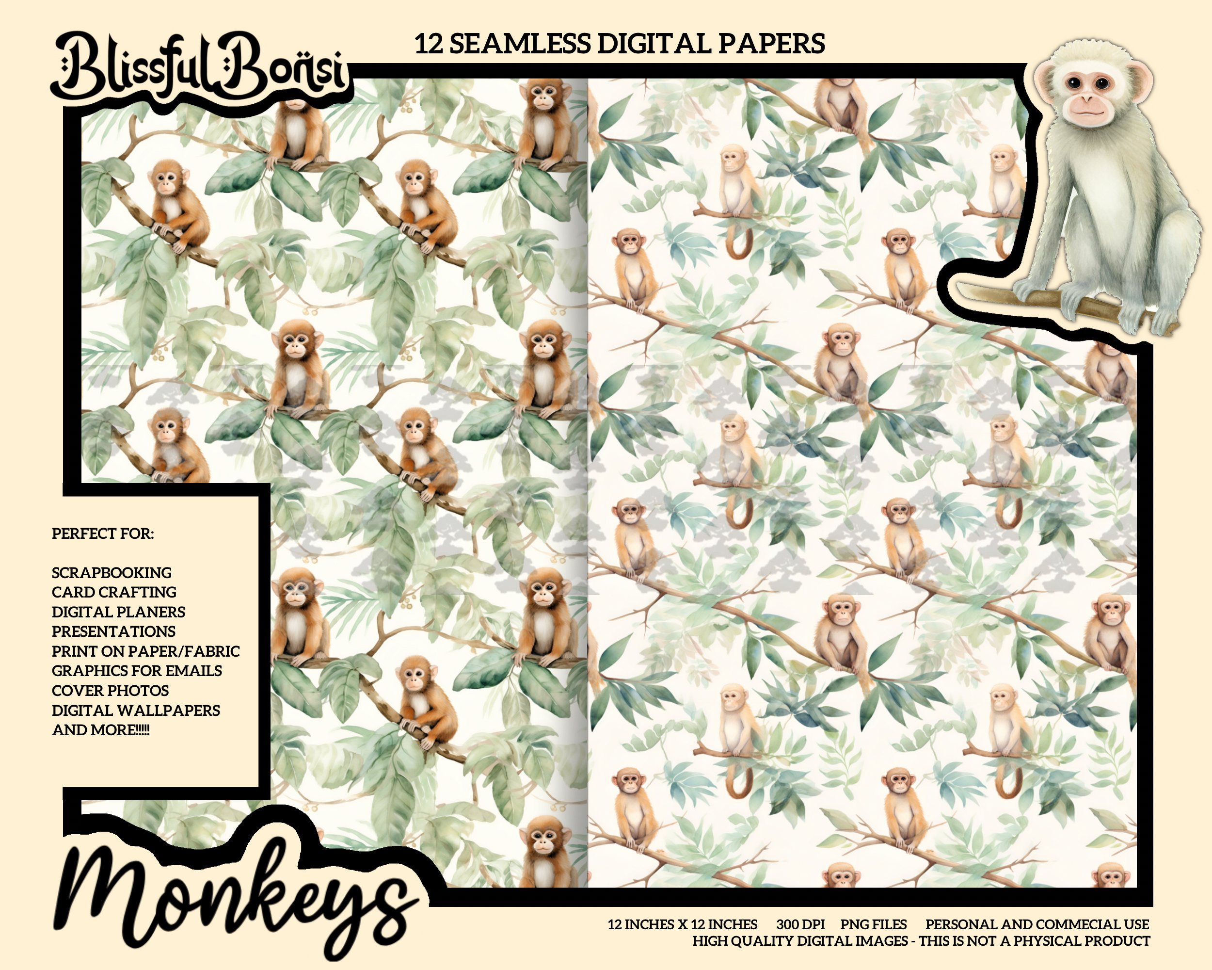 Monkey Digital Paper, Monkeys Digital Paper, Monkey Repeating Pattern ...