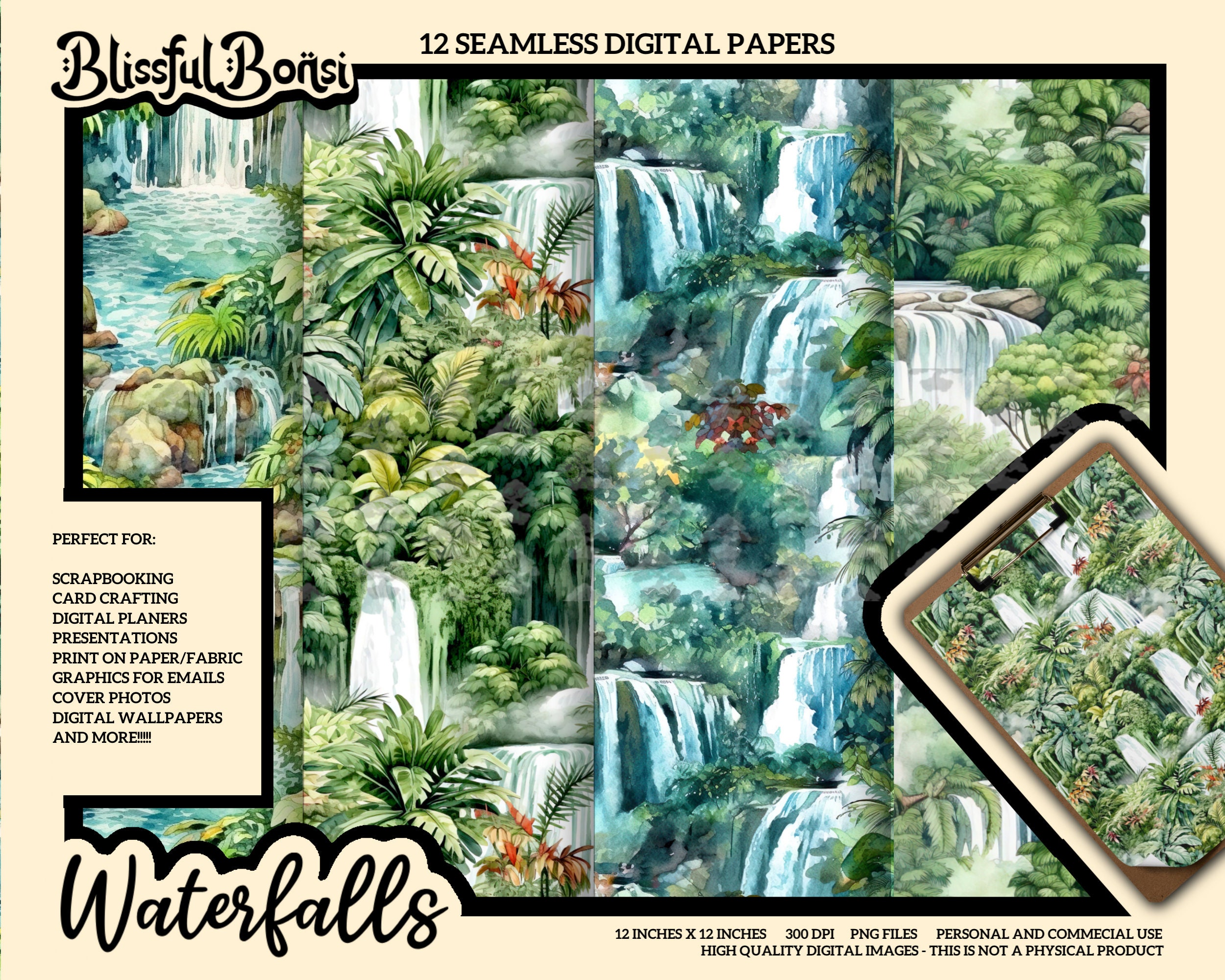 Waterfall Digital Paper, Waterfall Pattern, Waterfall Repeating Pattern ...
