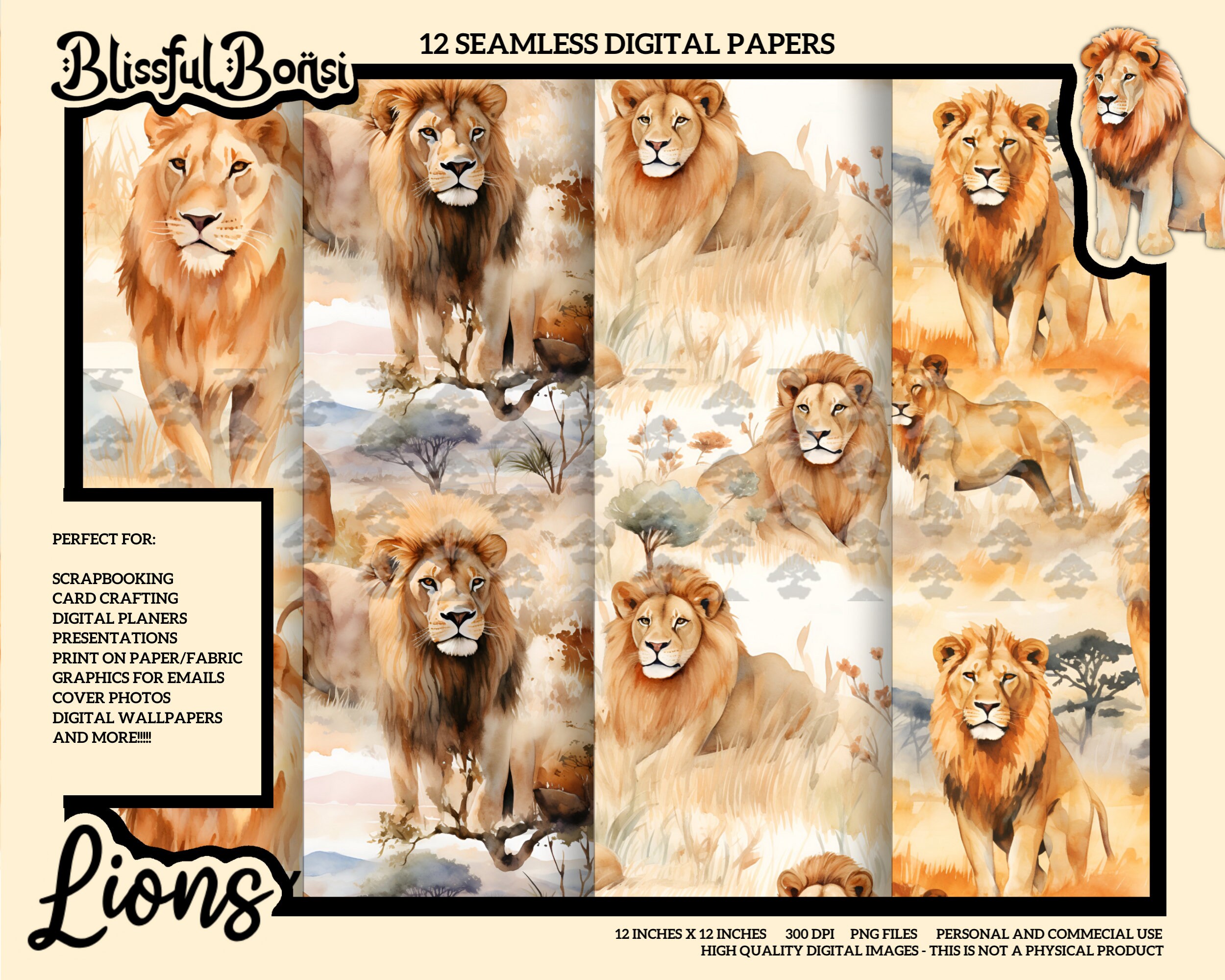 Lion Digital Paper, Lions Digital Paper, Lion Repeating Pattern, Lion ...