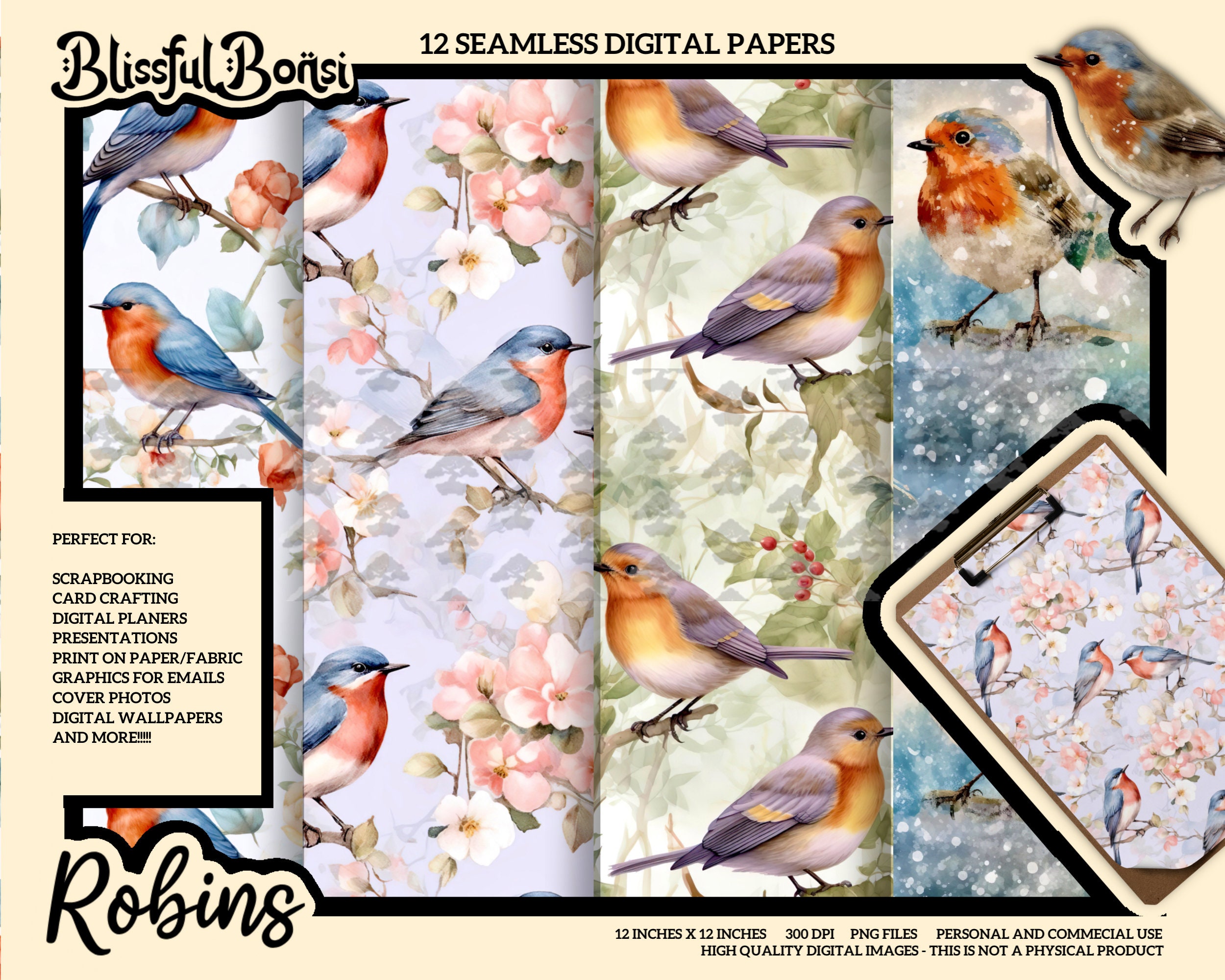 Robins Digital Paper, Robin Digital Paper, Robin Repeating Pattern ...