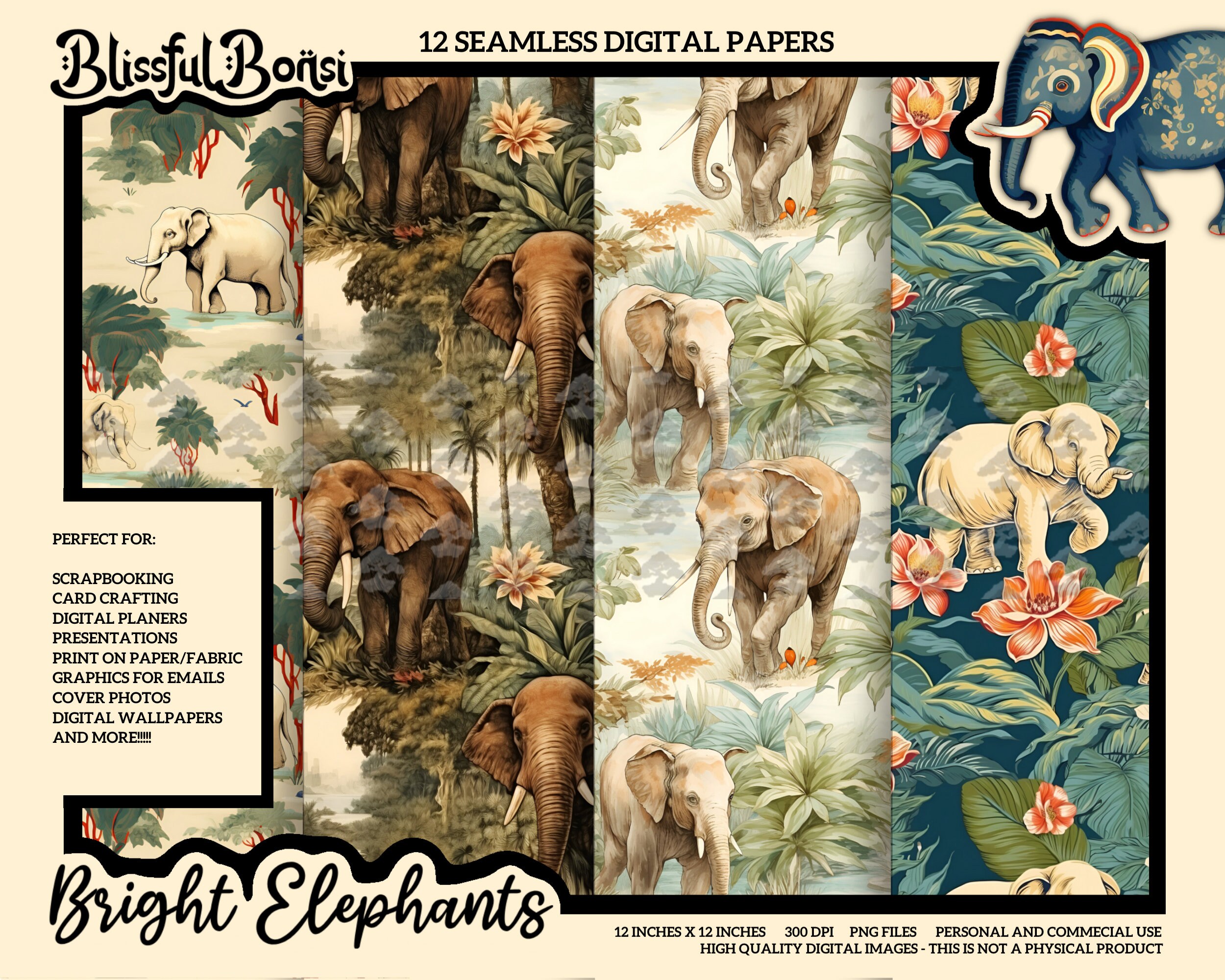 Elephant Digital Paper, Elephants Digital Paper, Elephant Repeating ...