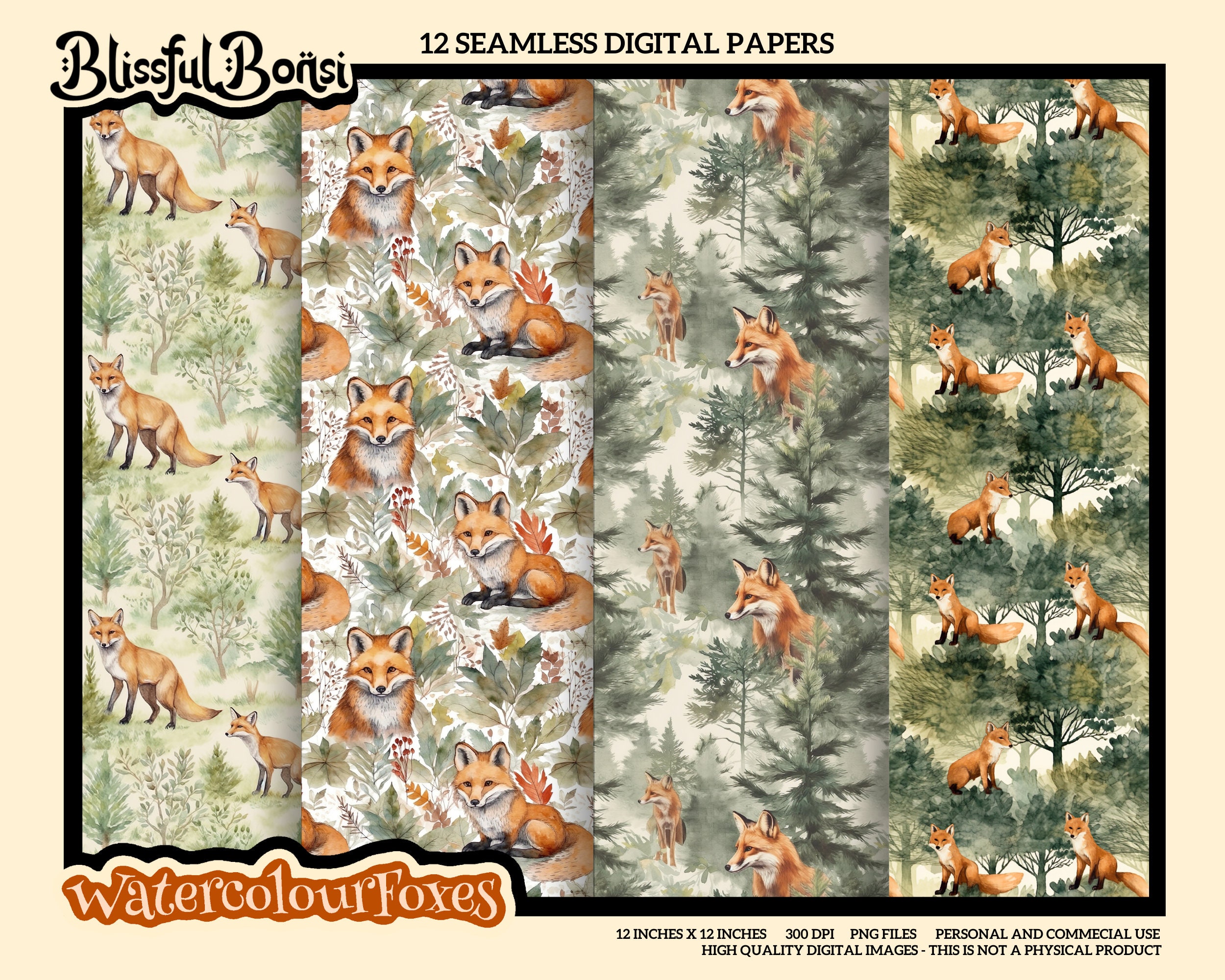 Watercolor Foxes Digital Paper Fox Digital Paper Fox Scrapbooking Paper ...
