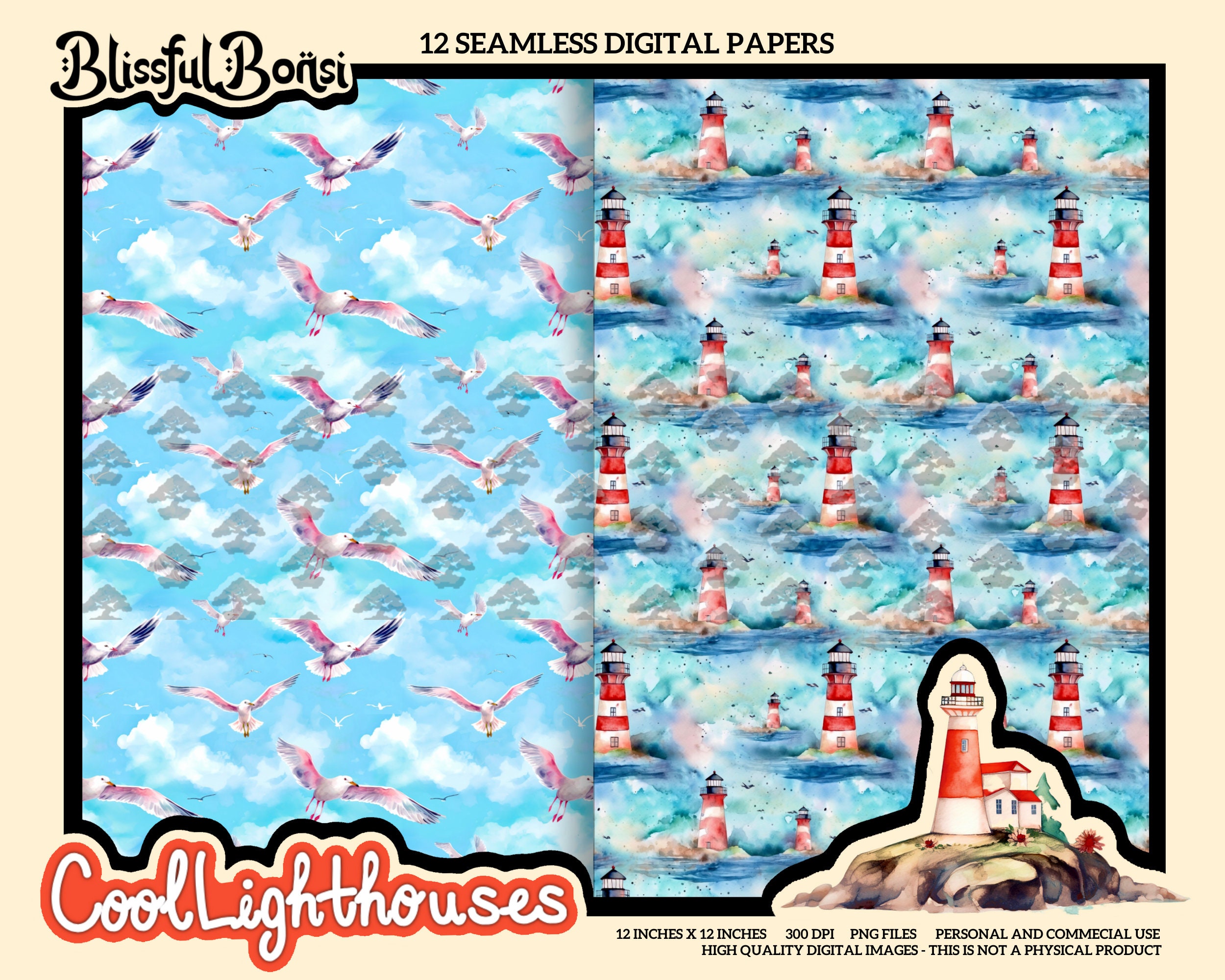 Lighthouse Digital Paper, Watercolor Digital Paper, Lighthouse ...