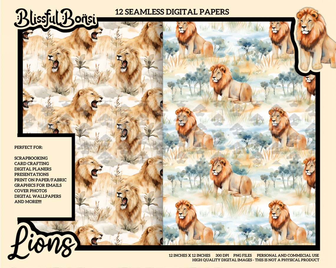 Lion Digital Paper, Lions Digital Paper, Lion Repeating Pattern, Lion ...