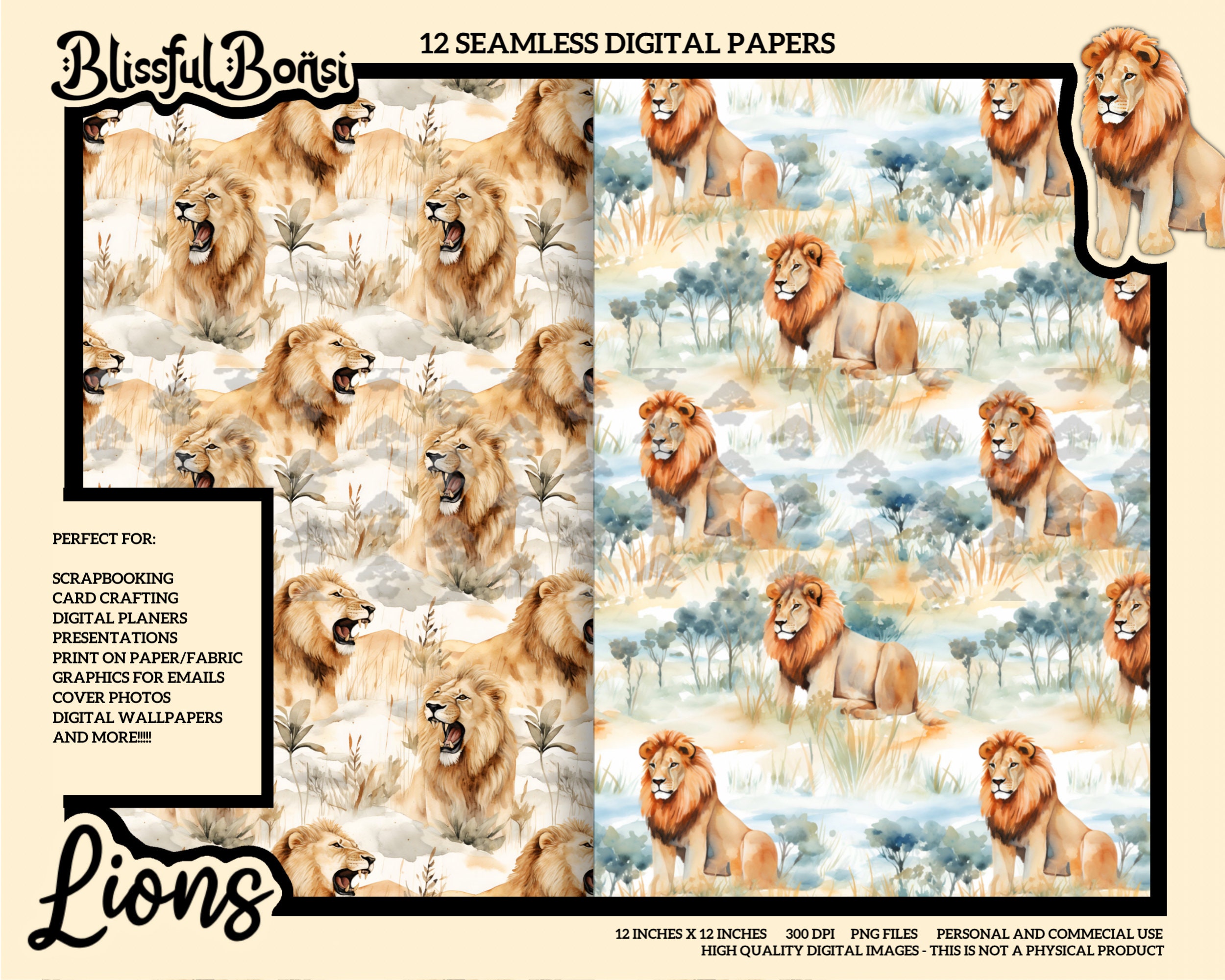Lion Digital Paper, Lions Digital Paper, Lion Repeating Pattern, Lion ...