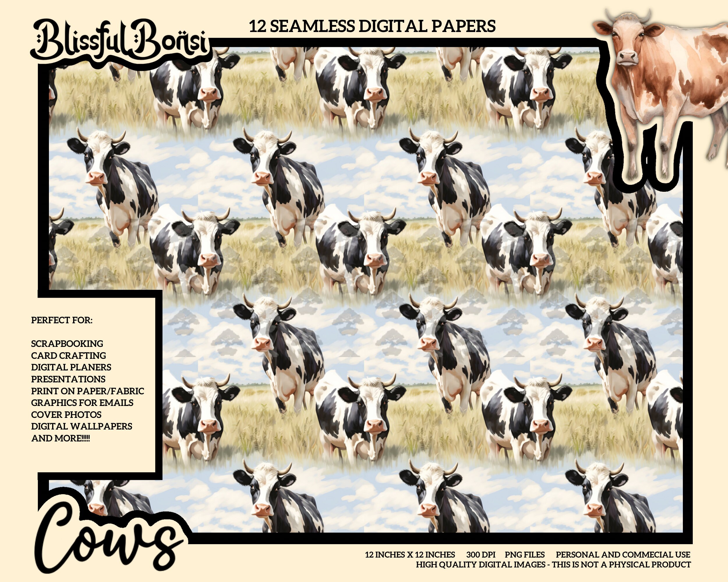 Cows Digital Paper Cow Digital Paper Cow Repeating Pattern - Etsy