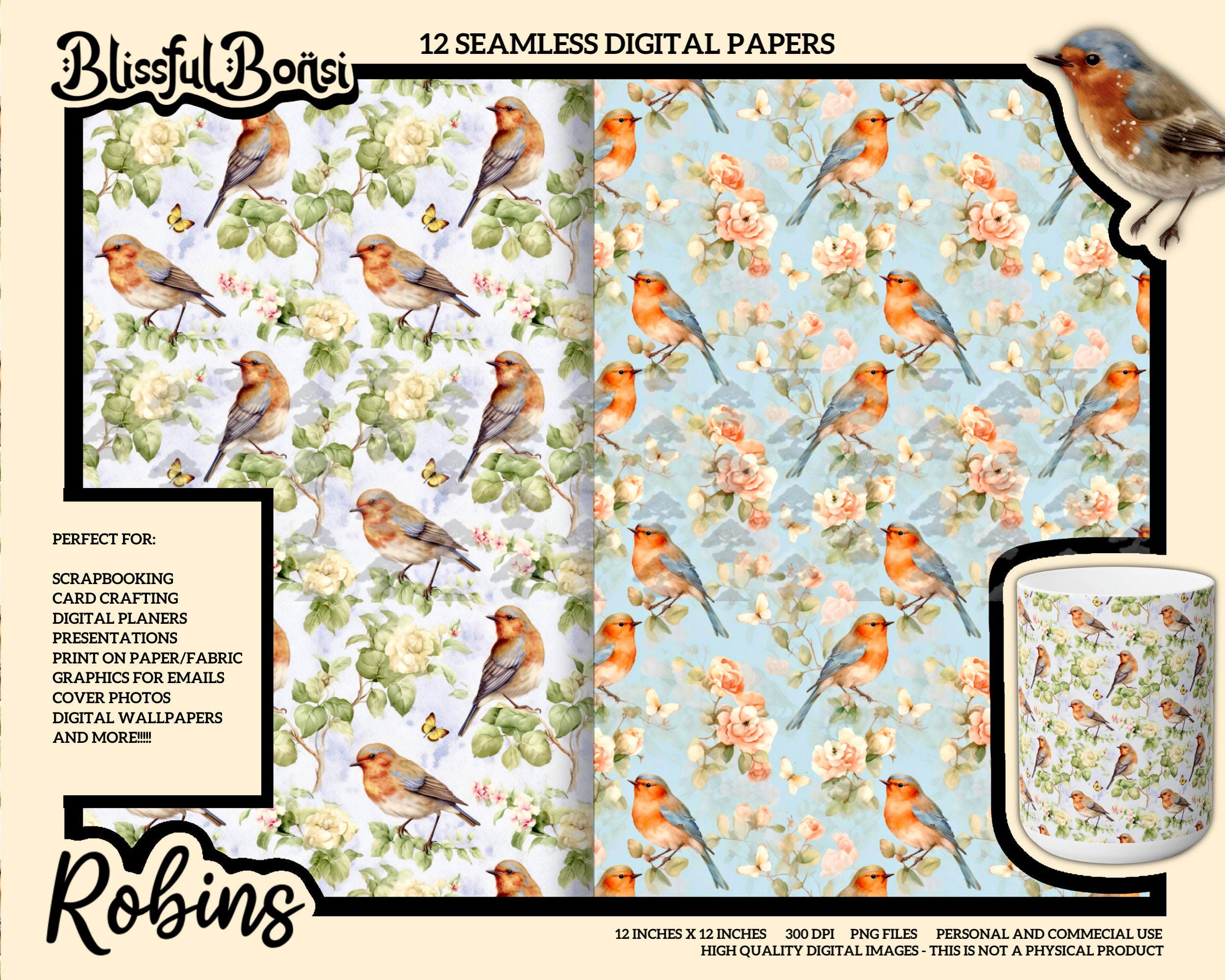 Robins Digital Paper, Robin Digital Paper, Robin Repeating Pattern ...