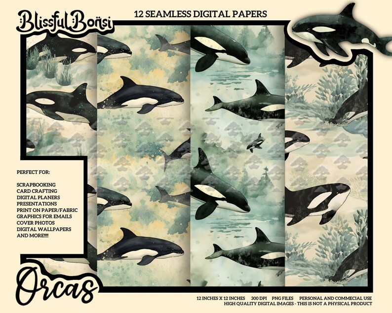 Orcas Digital Paper, Killer Whale Digital Paper, Orca Repeating Pattern ...