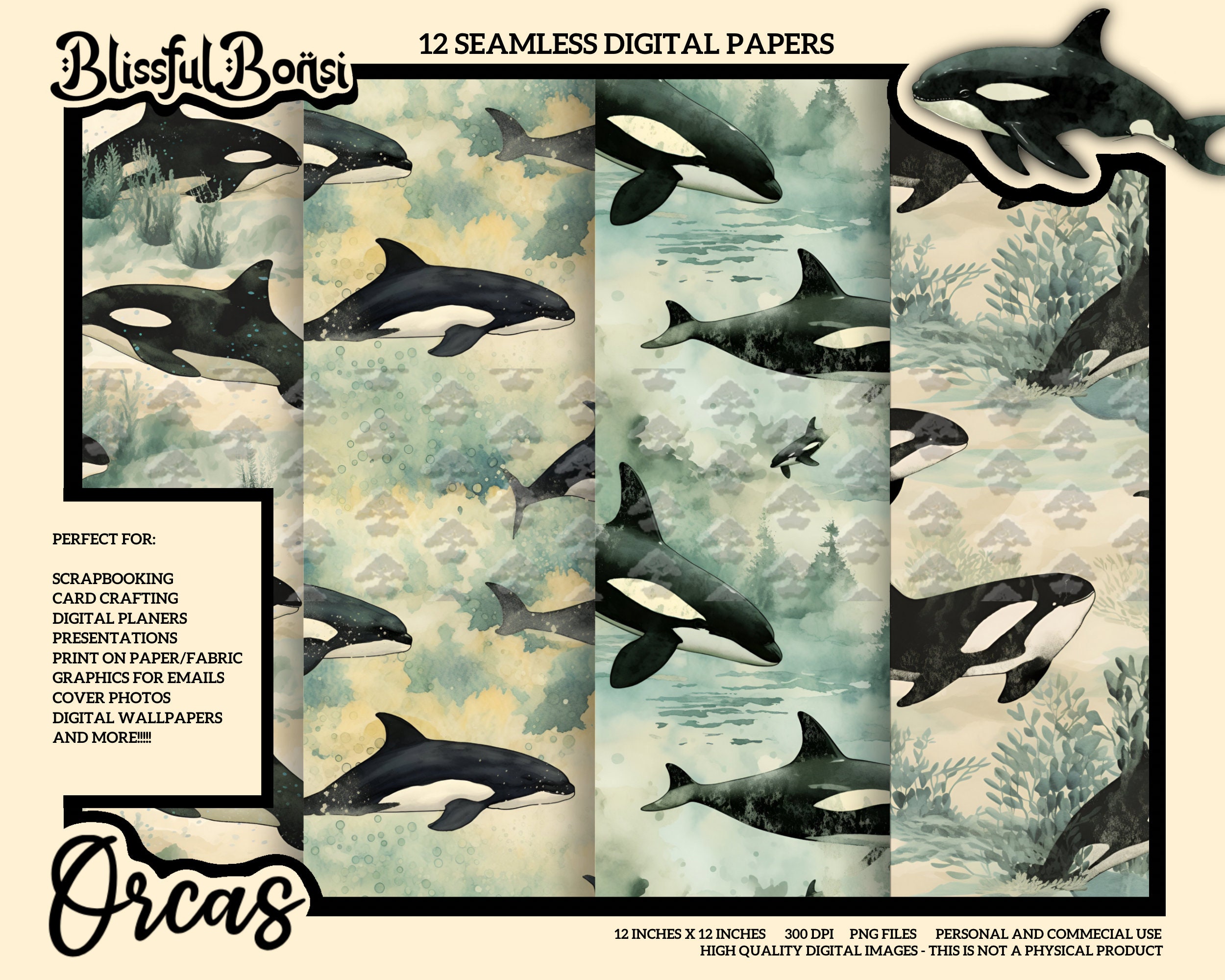 Orcas Digital Paper, Killer Whale Digital Paper, Orca Repeating Pattern ...
