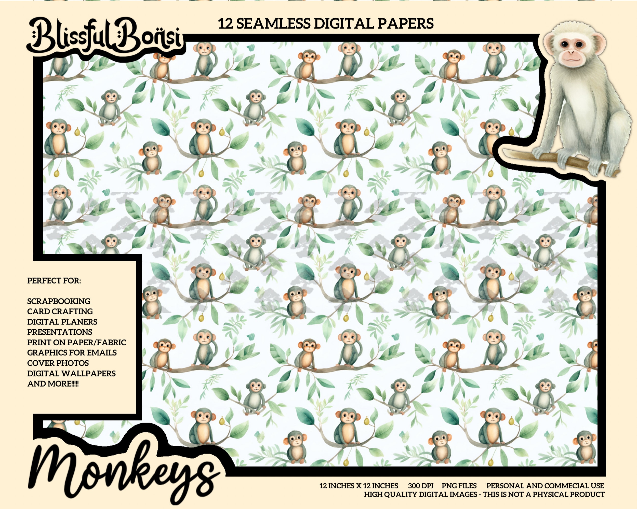 Monkey Digital Paper, Monkeys Digital Paper, Monkey Repeating Pattern ...