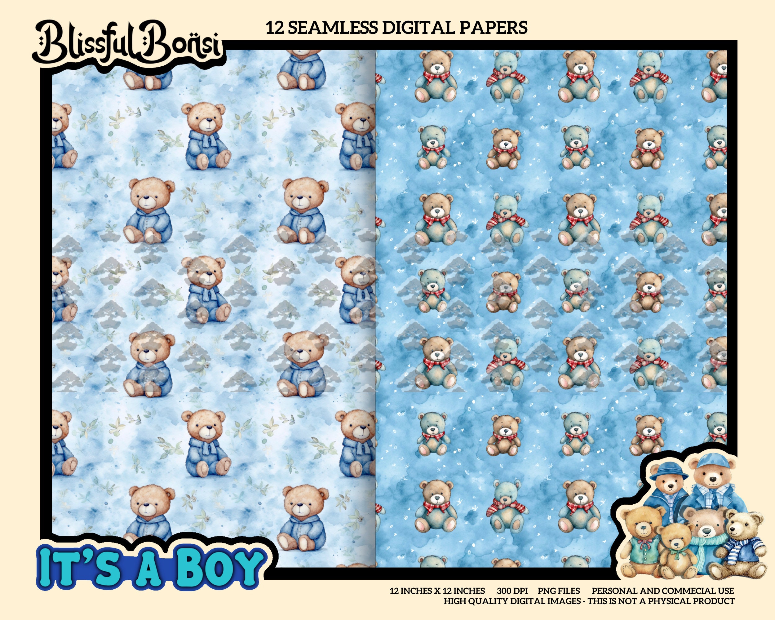 Its a Boy Digital Paper Teddy Digital Paper Teddy Bear Scrapbooking Its ...
