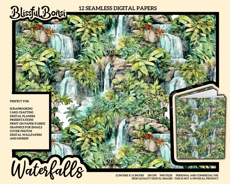 Waterfall Digital Paper, Waterfall Pattern, Waterfall Repeating Pattern ...