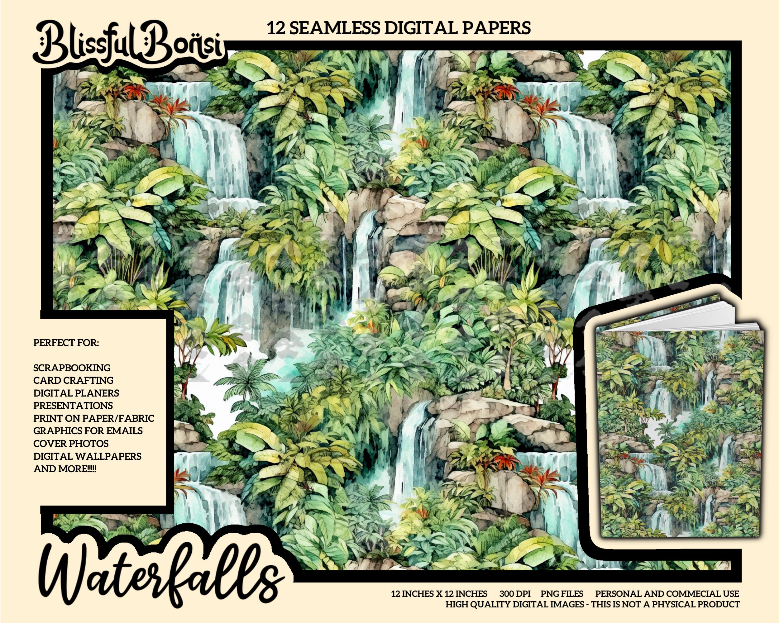 Waterfall Digital Paper, Waterfall Pattern, Waterfall Repeating Pattern ...