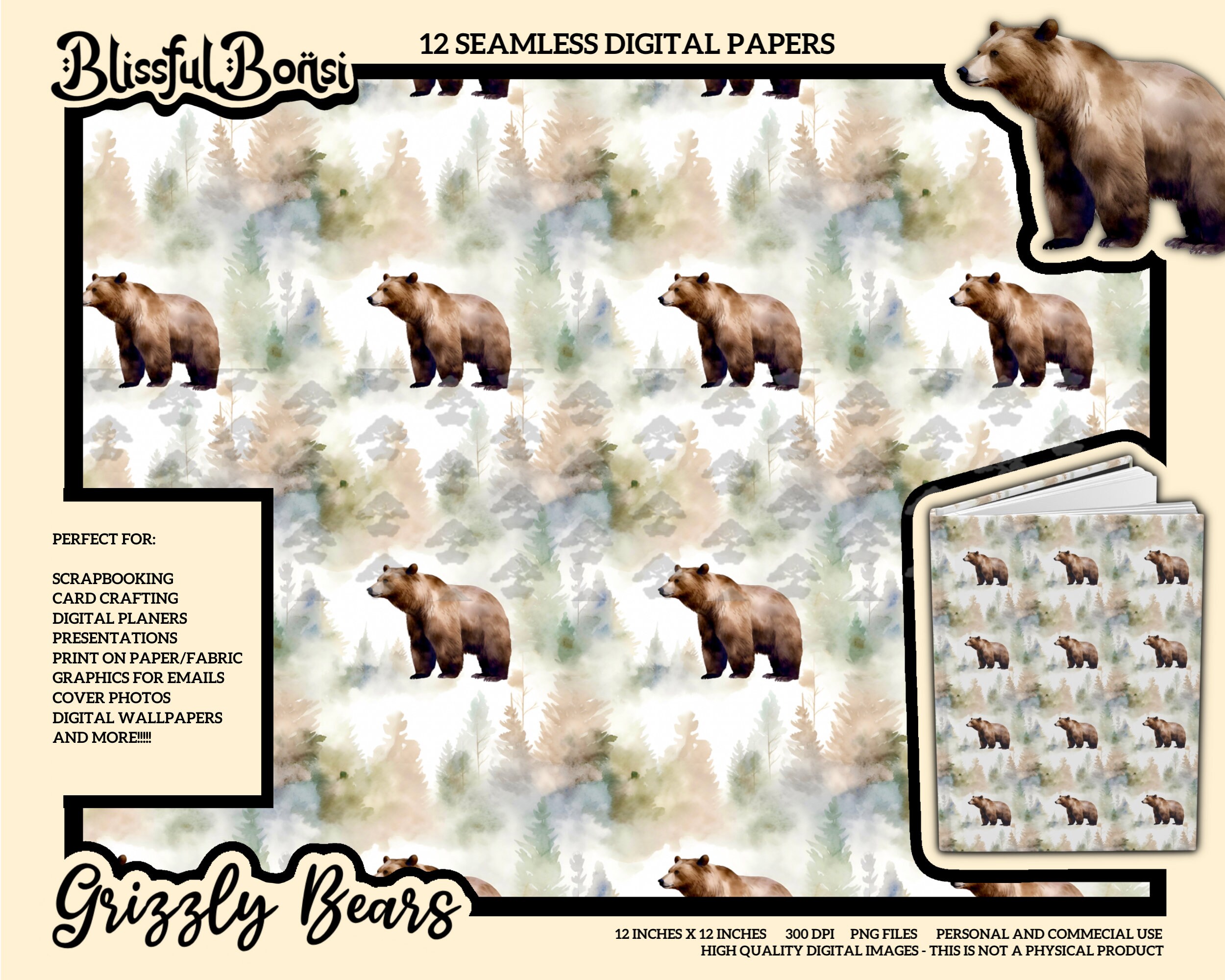 Bear Digital Paper, Bears Digital Paper, Bear Repeating Pattern, Bear ...