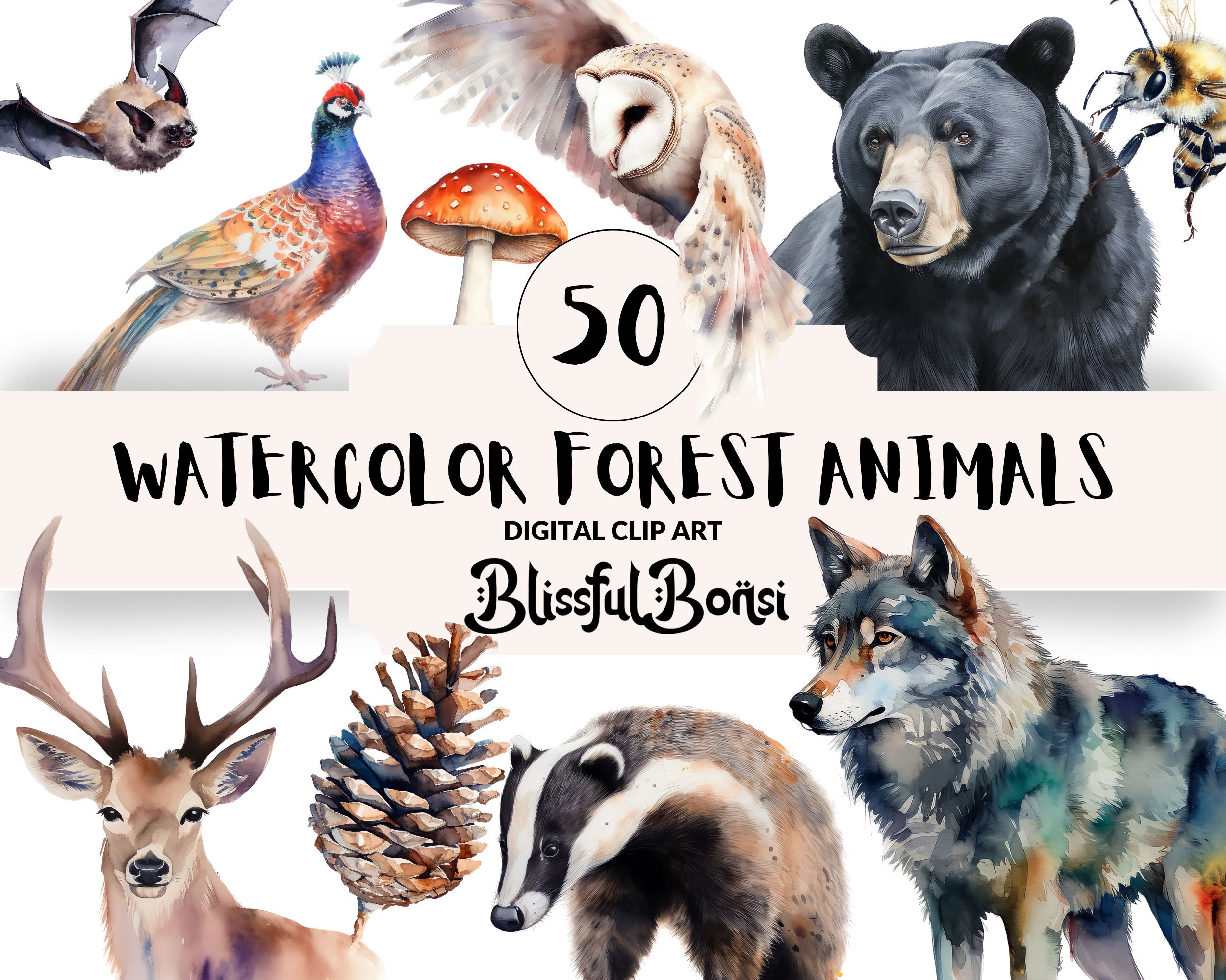 Watercolor Woodland Animals Clip Art Forest Animals Clip Art of Forest ...