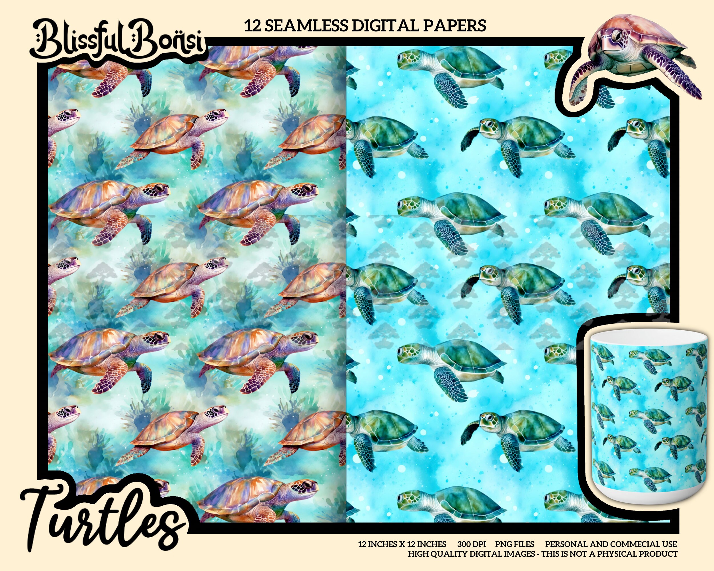 Turtles Digital Paper, Turtle Digital Paper, Turtle Repeating Pattern ...