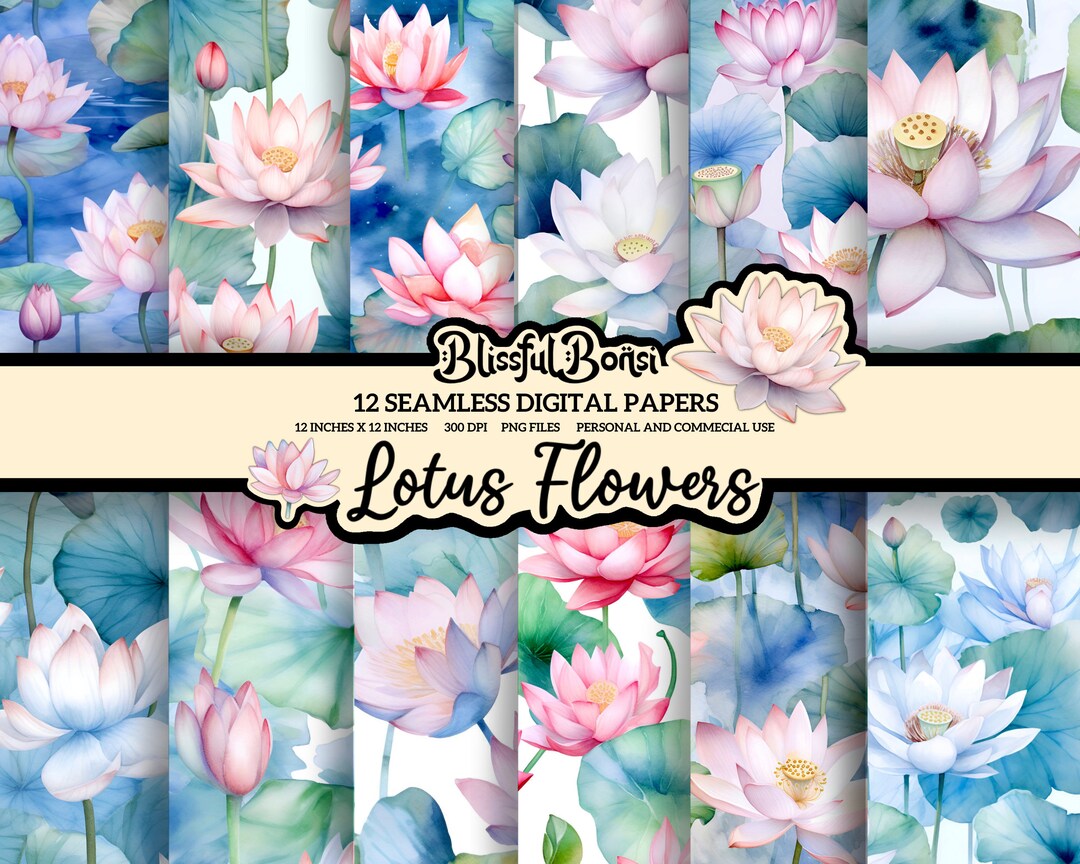 Lotus Flower Digital Paper, Lotus Flower Paper, Lotus Repeating Pattern ...