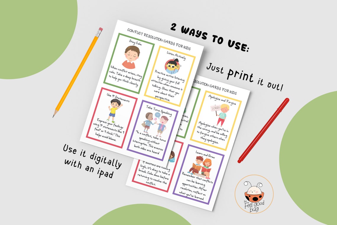 Conflict Resolution Flashcards for Kids, School Counselor, School ...