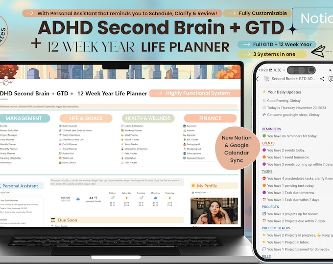 ADHD Notion Template Second Brain Notion Dashboard ADHD All in One Aesthetic Notion Planner ...