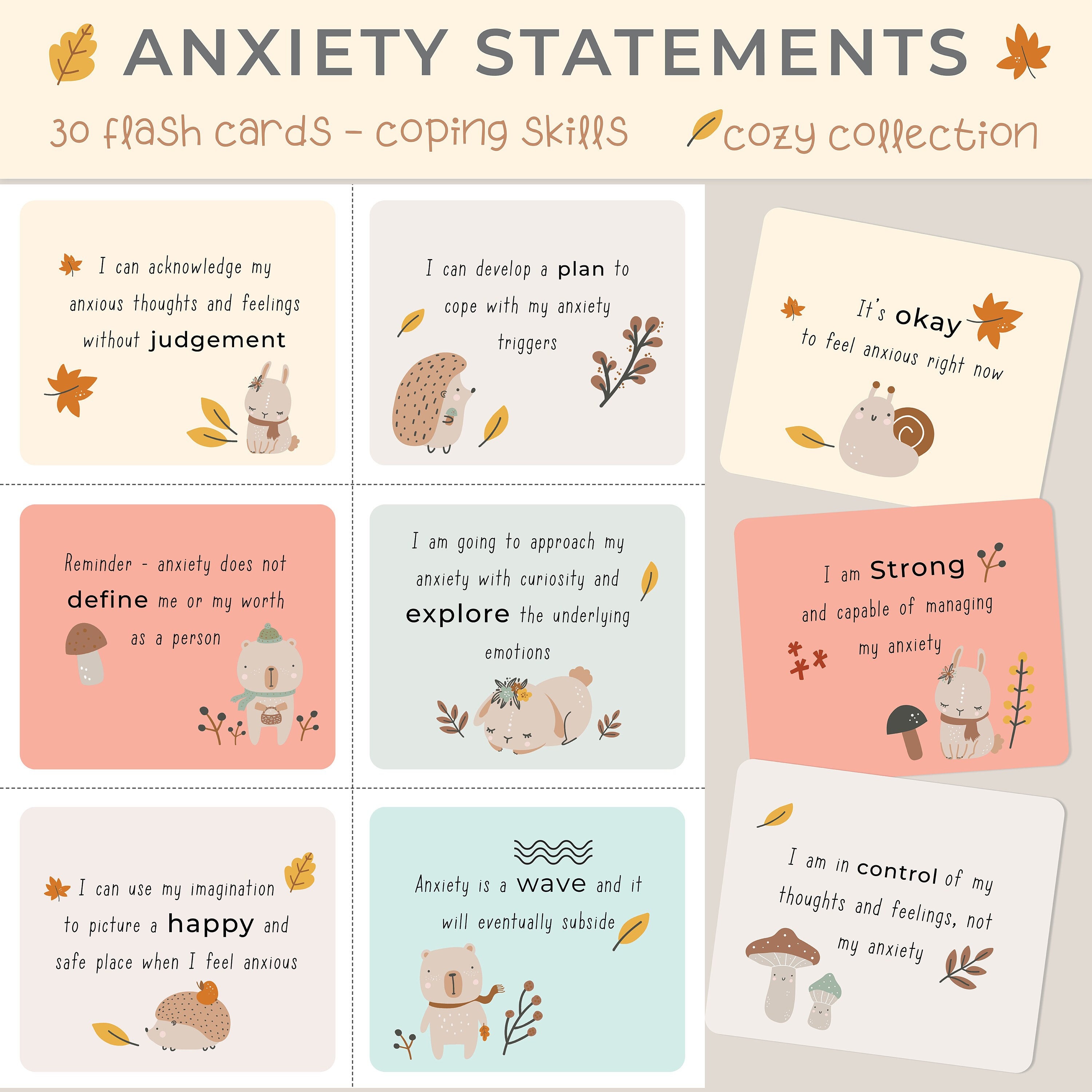 Anxiety Coping Cards Kids Therapy Tools CBT Mental Health Grounding ...