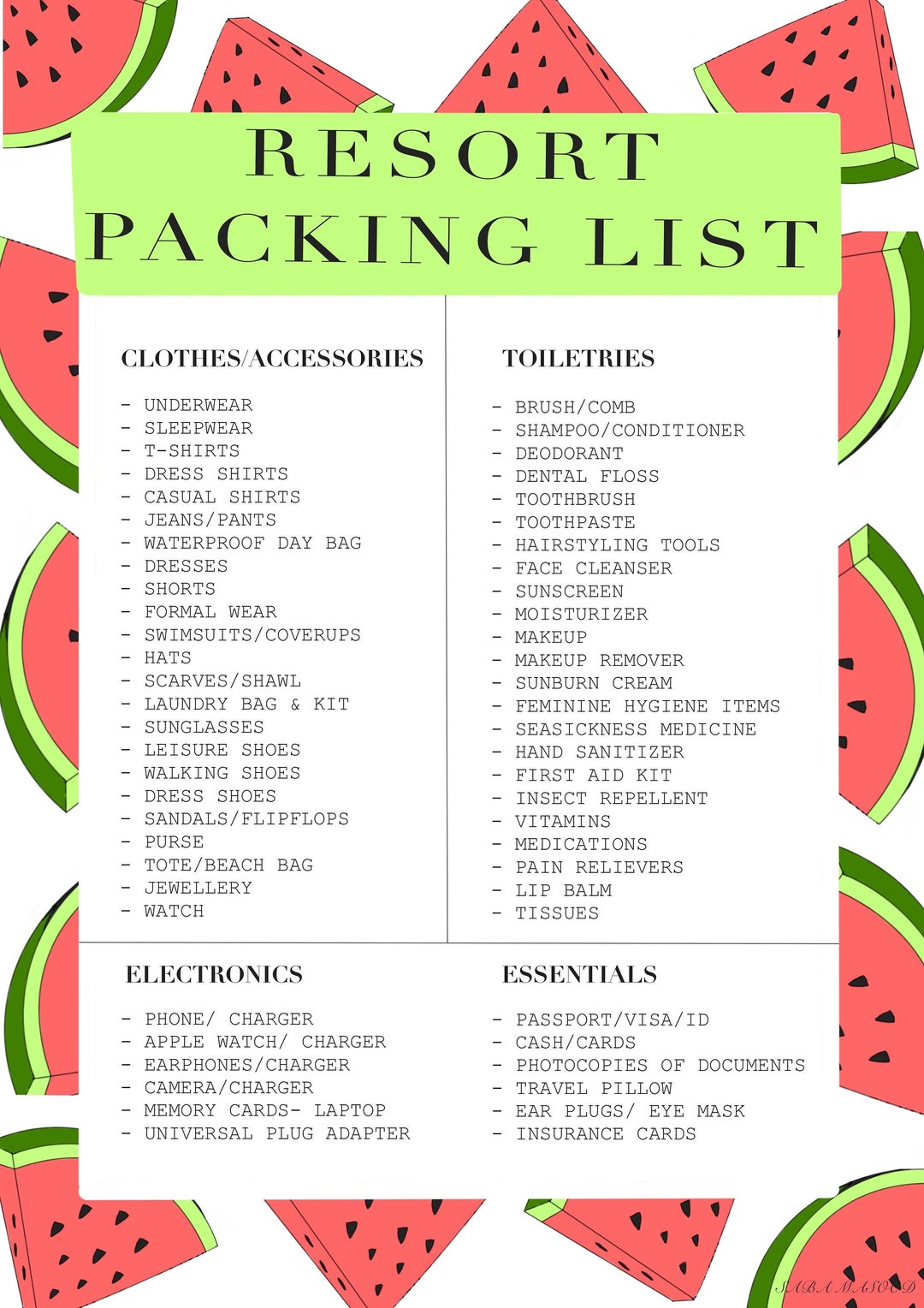The ULTIMATE Resort Packing List | Printable - Etsy