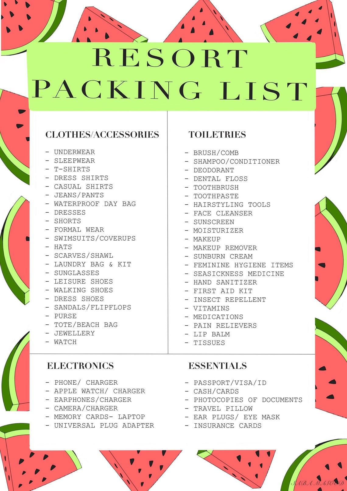 The ULTIMATE Resort Packing List | Printable - Etsy