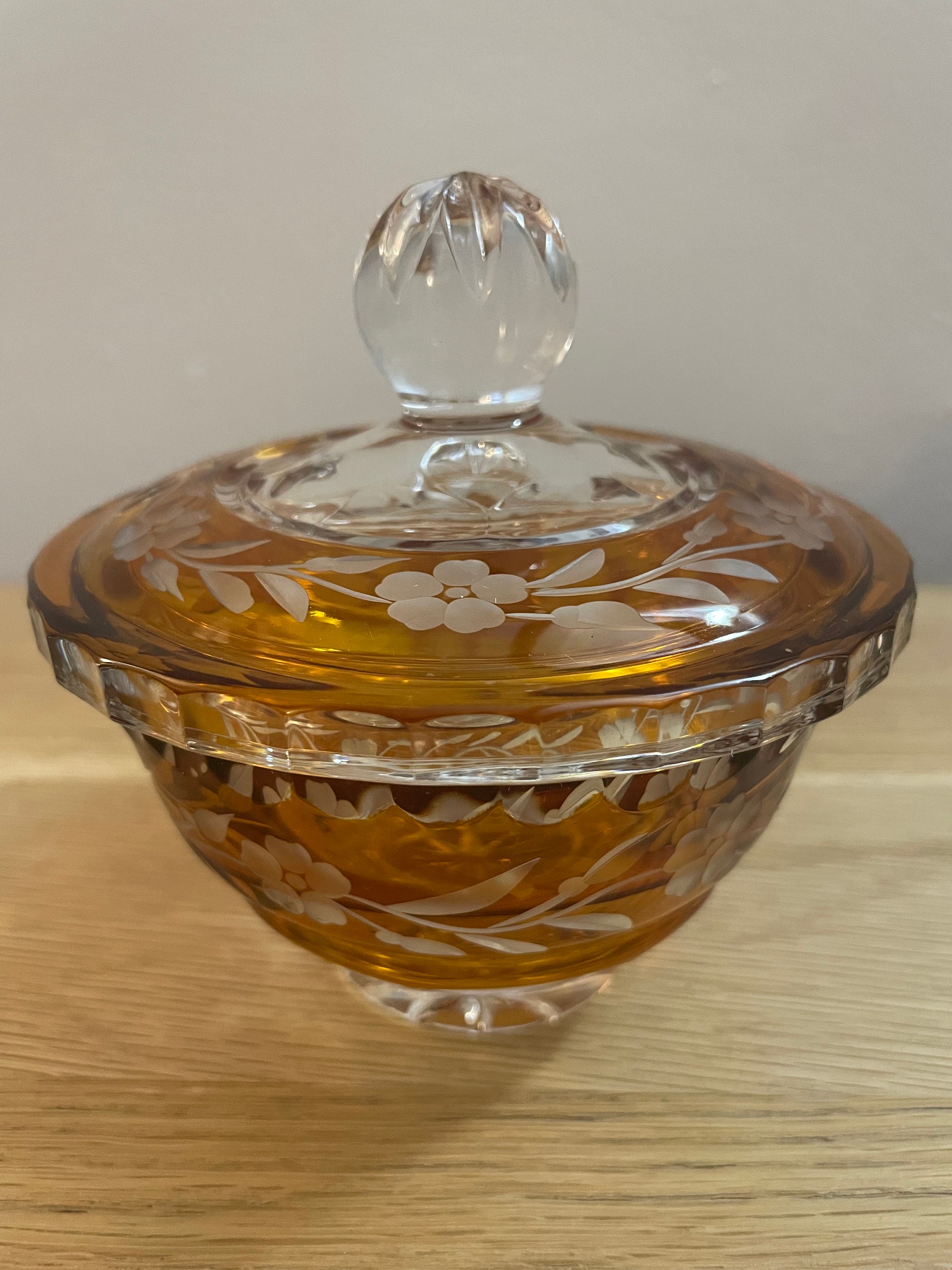 Vintage Amber Lidded Candy Dish With Floral Motif - Etsy
