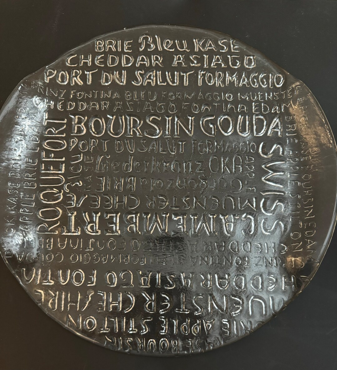 Vintage Glass Cheese Platter With Names of Cheeses. Raised Relief ...