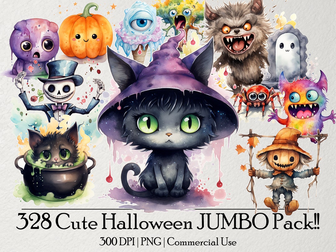 328 Kawaii Halloween JUMBO Clipart Bundle, Cute Watercolor Graphic PNG ...