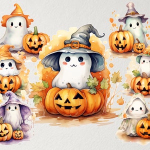 30 Kawaii Ghost and Pumpkin Clipart Bundle, Cute Watercolor PNG Graphic ...