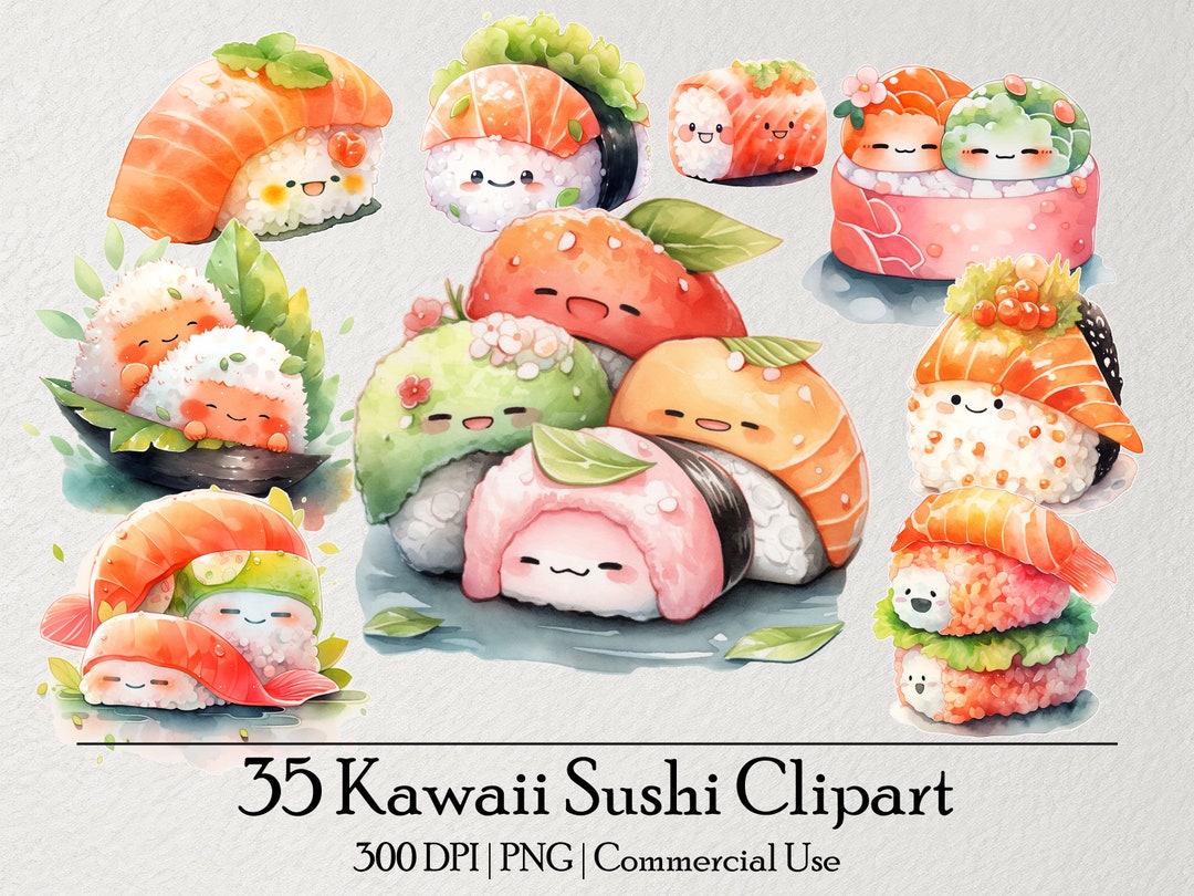 35 Kawaii Sushi Clipart, Cute Watercolor Graphic, Sublimation, Junk ...