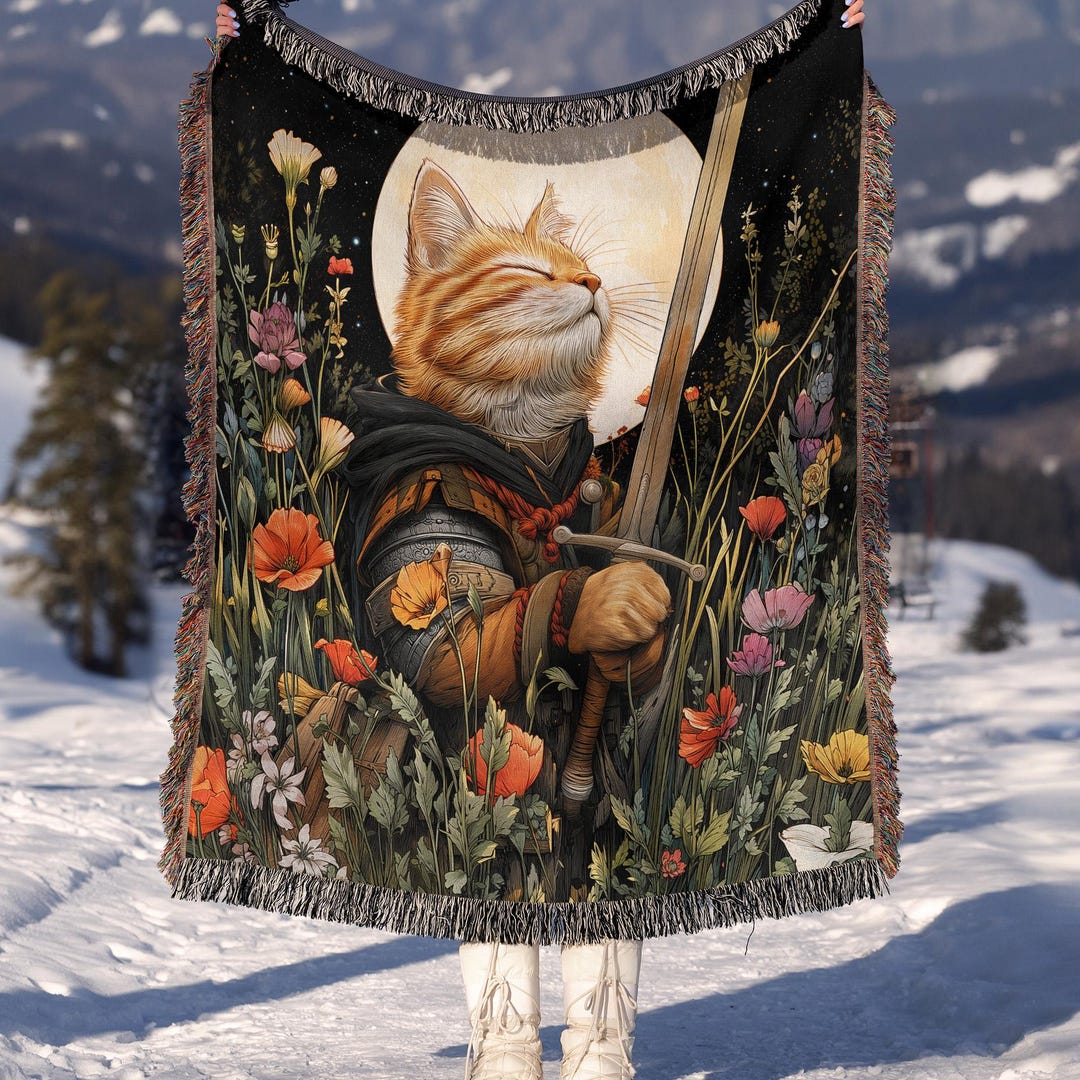 Medieval Cat Knight Woven Blanket, Swash Buckler Furry Tapestry, DND ...