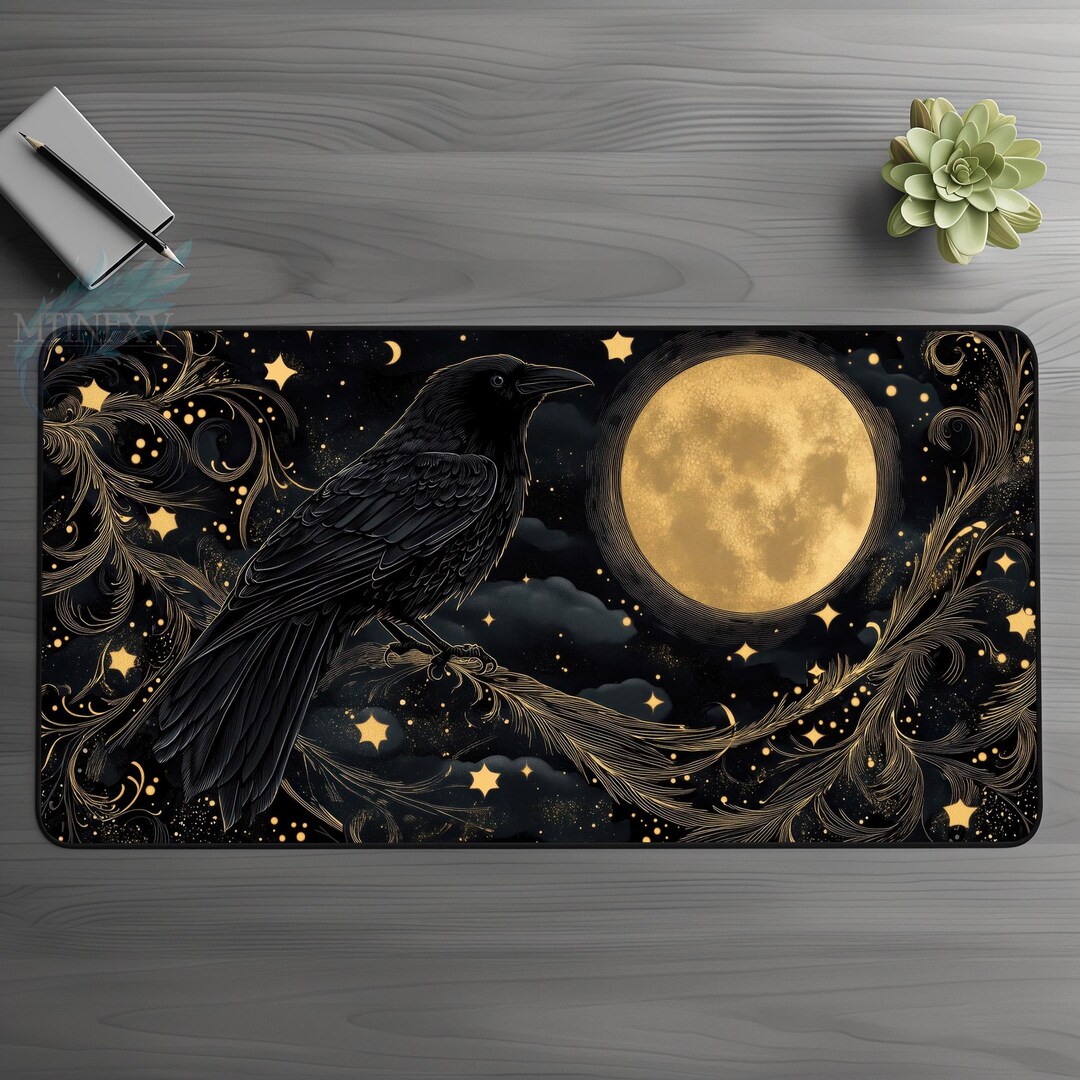 Lunar Raven Desk Mat, Occult Gothic Mouse Pad, Black Gold Tarot Reading ...