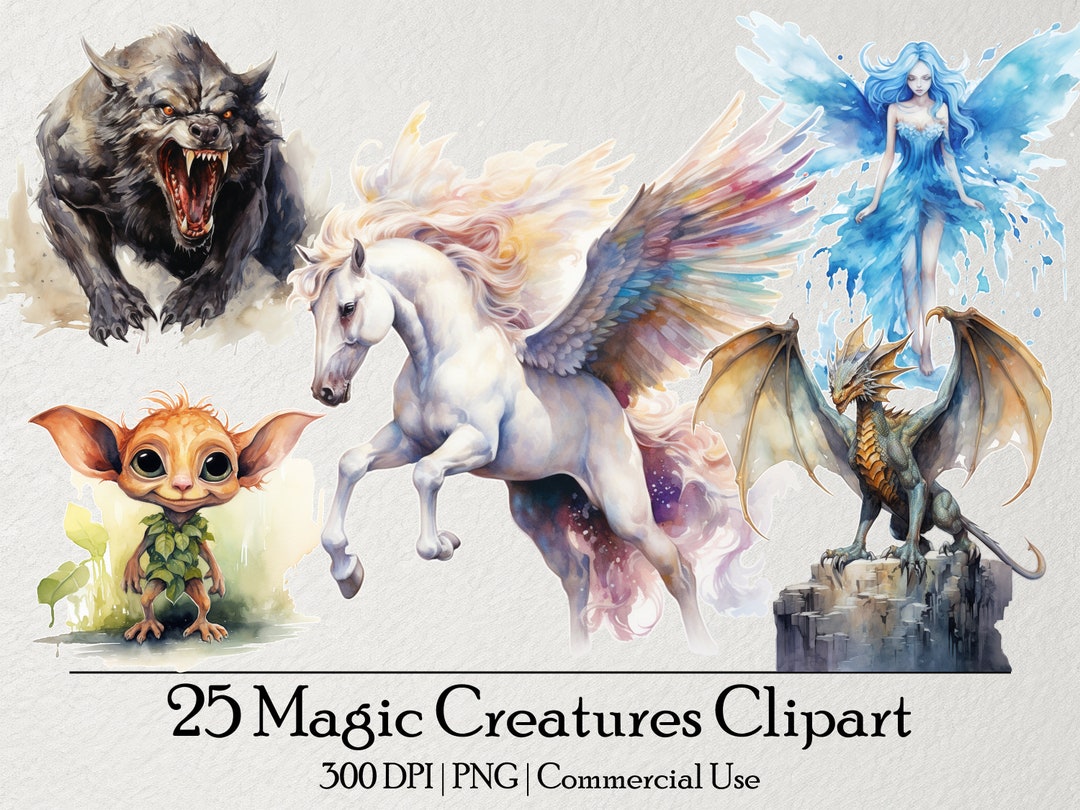 25 Magic Creatures Clipart Bundle, Watercolor Wizard School PNG ...
