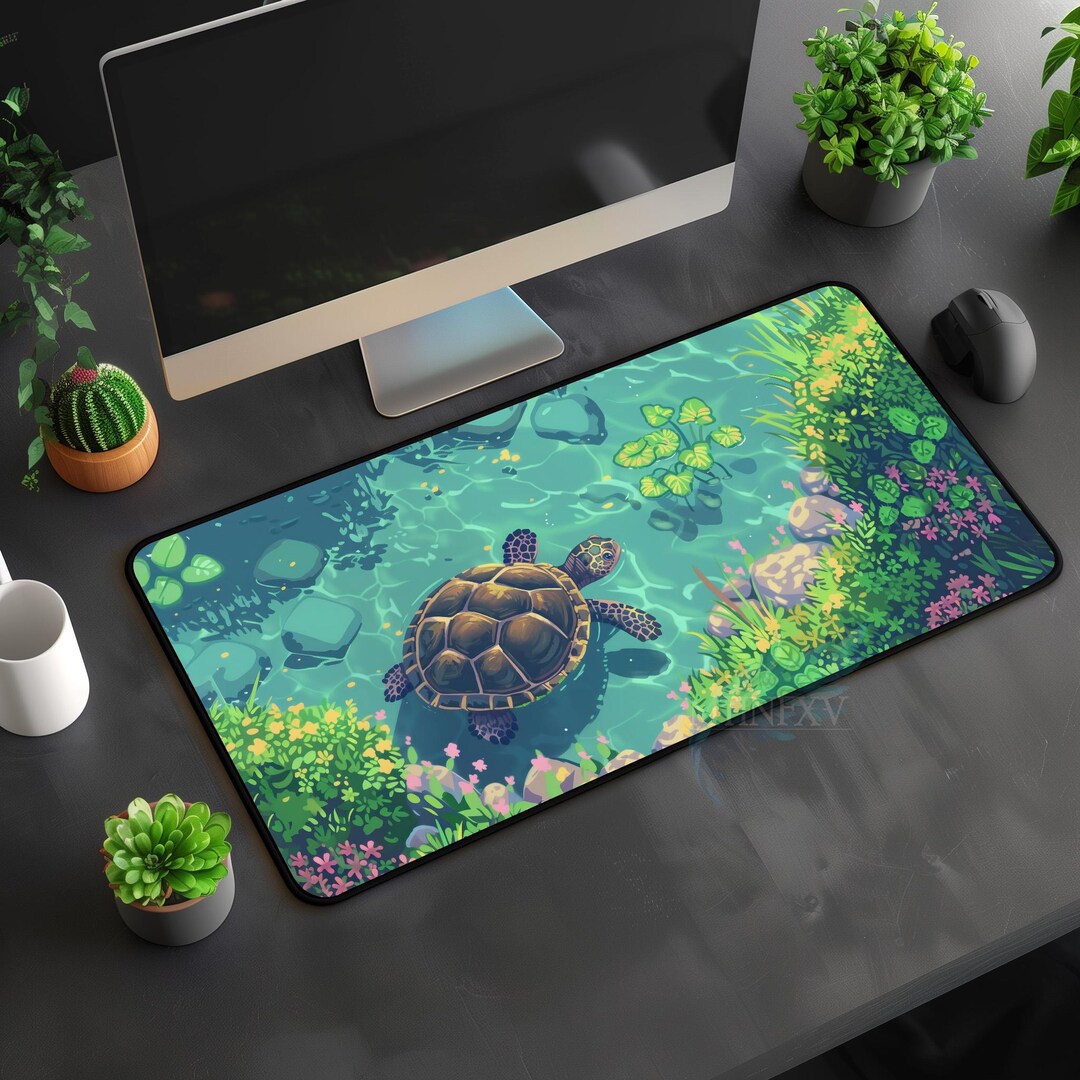 Pond Turtle Desk Mat, Sea Water Lake Riverside Aesthetic Gaming Mouse ...