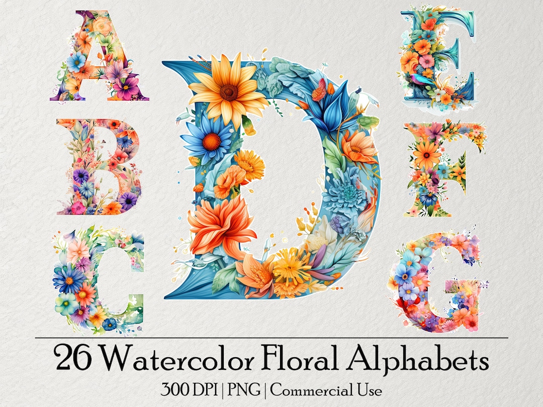 26 Floral Alphabets Clipart, Watercolor Letter PNG, Sublimation, Junk ...