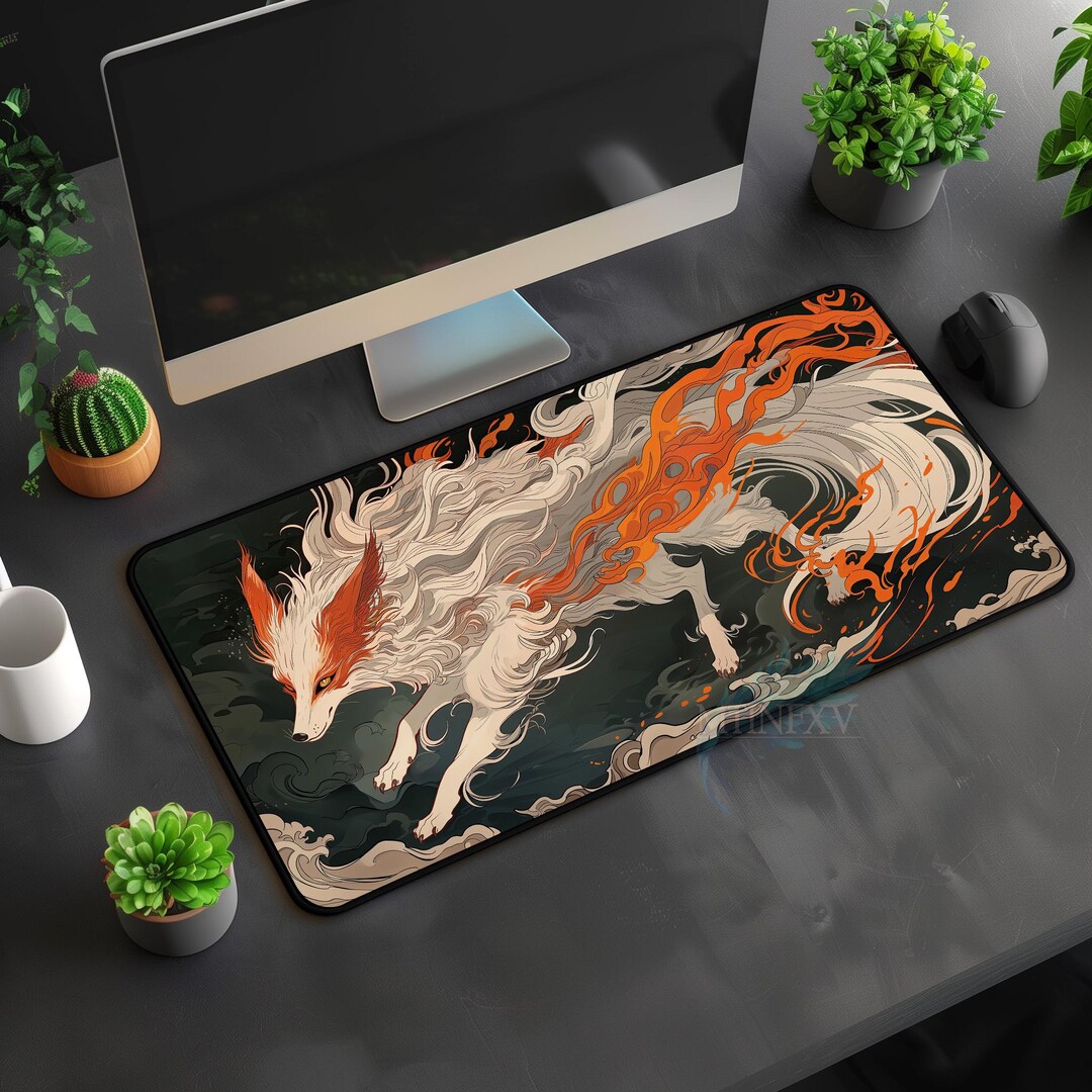 Fire Cloud Kitsune Large XL Desk Mat, Japanese Red Fox Spirit Aesthetic ...