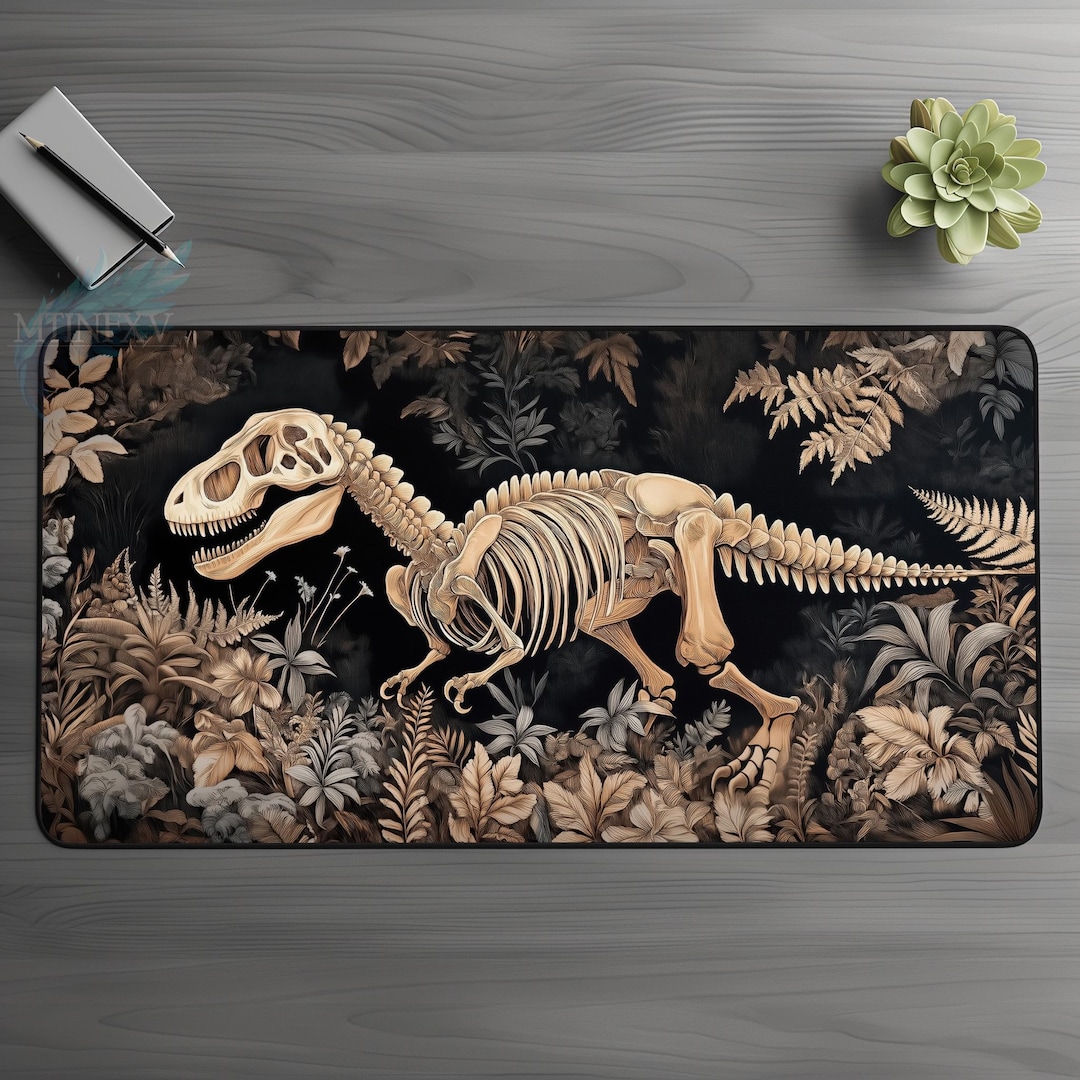 T-rex Fossil Wildflower Desk Mat, Vintage Boho Pattern Tapestry ...