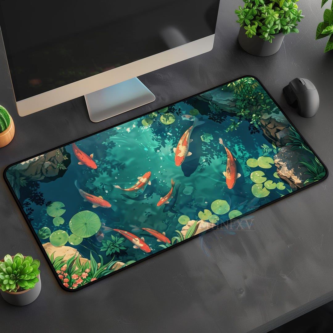 Japanese Koi Fish Pond XL Desk Mat,studio Ghibli Inspired Anime Lofi ...
