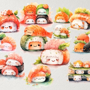 35 Kawaii Sushi Clipart, Cute Watercolor Graphic, Sublimation, Junk ...