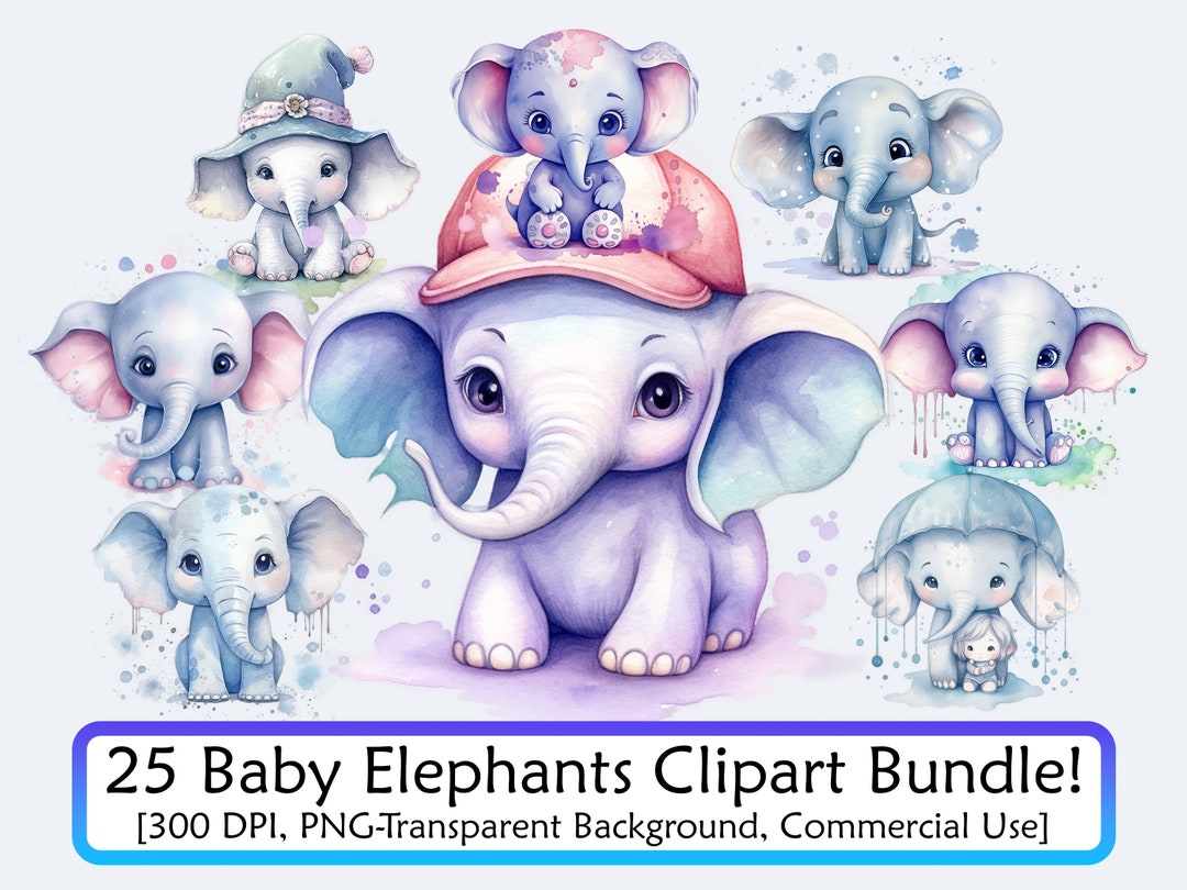 25 Watercolor Baby Elephant Clipart Bundle, Commercial Use, Elephant ...