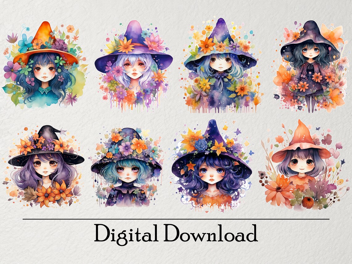 25 Flower Witch Clipart Bundle Cute Watercolor Graphic PNG - Etsy
