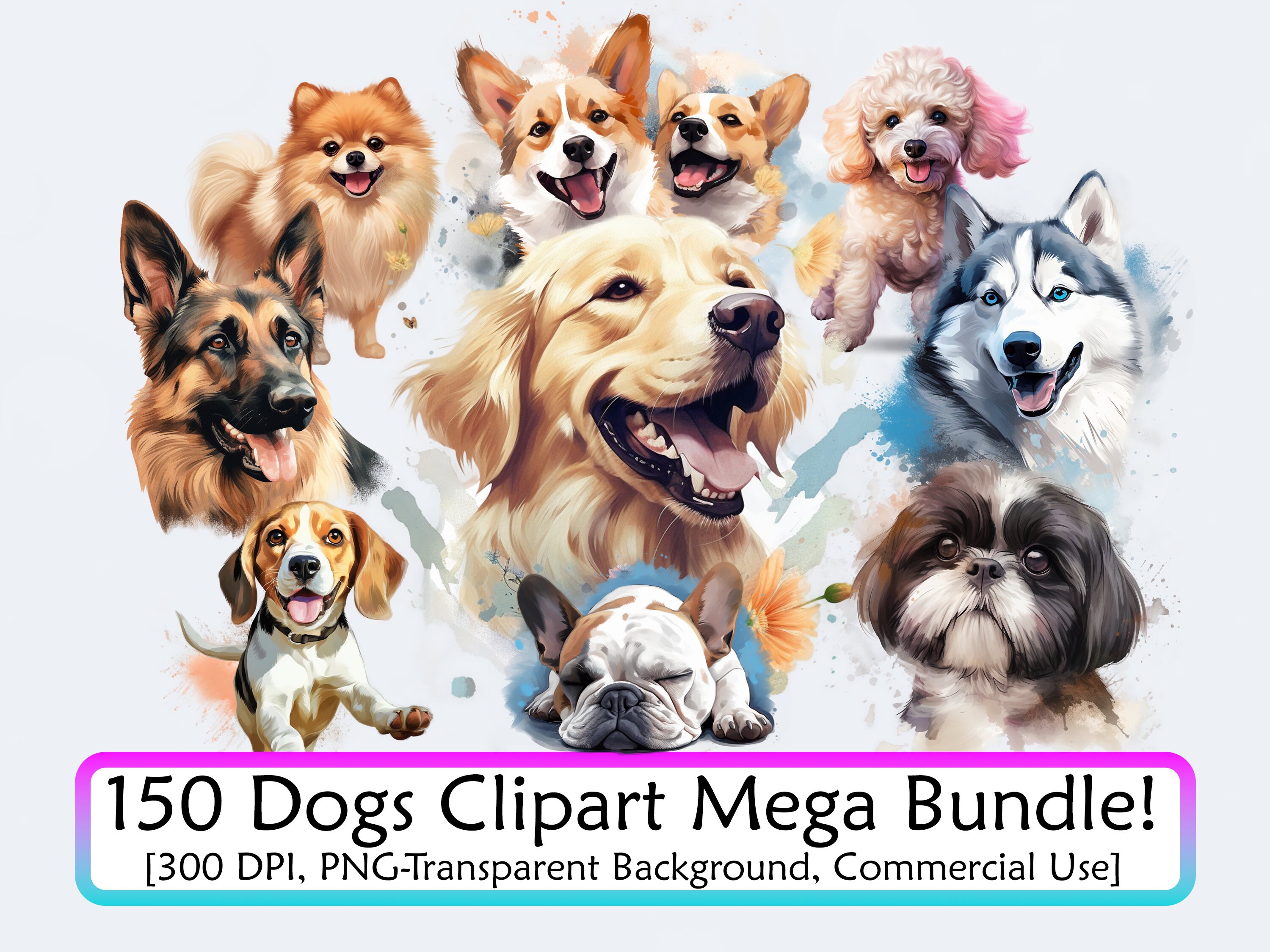 150 Dogs MEGA Clipart Bundle Cute Watercolor Graphic PNG - Etsy