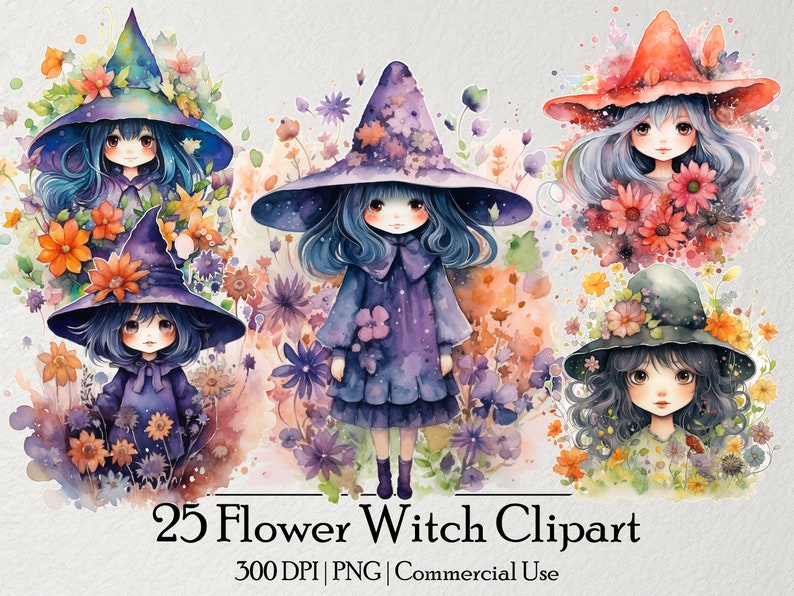 25 Flower Witch Clipart Bundle Cute Watercolor Graphic PNG - Etsy